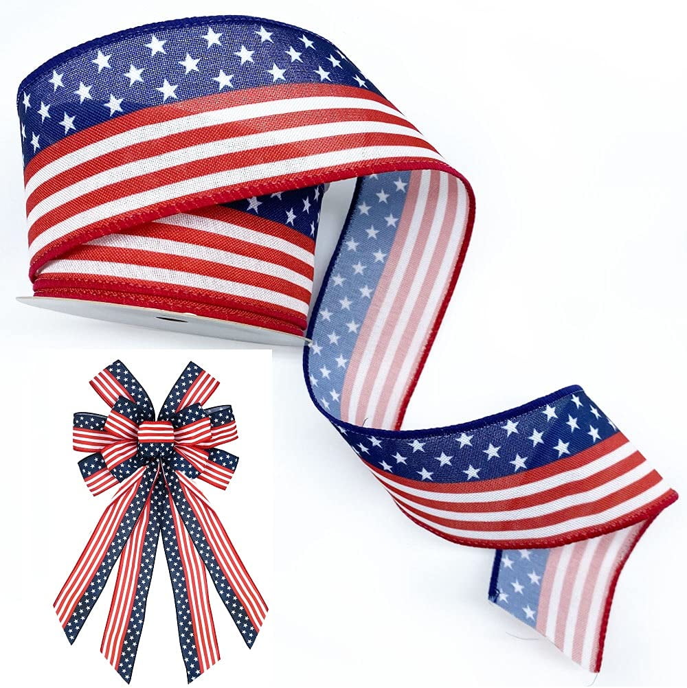Hying 2.5" X PresNok 10 Yards American Flag Wired Edge Ribbons Blue Red ...
