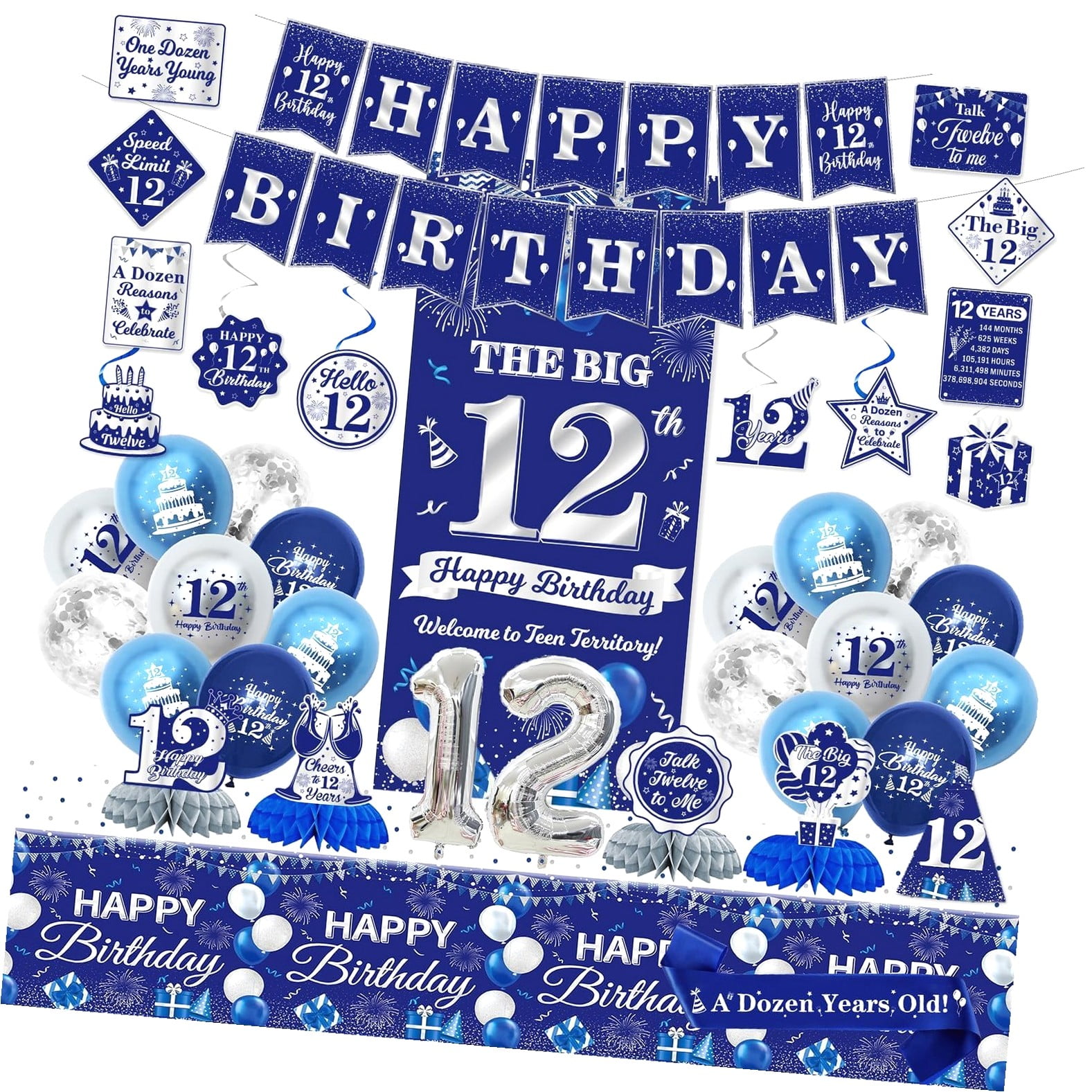 Hyjoy 12th Birthday Decorations, Blue Silver Happy 12 Birthday Party ...