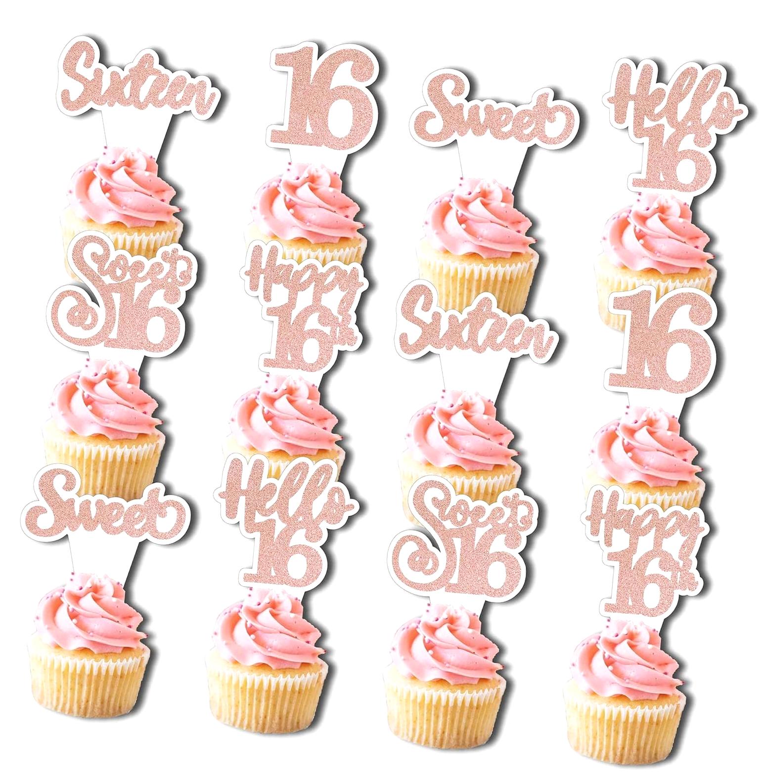Hyjoy 24pcs Rose Sweet 16 Cupcake Toppers Glitter 16th Birthday Cupcake ...