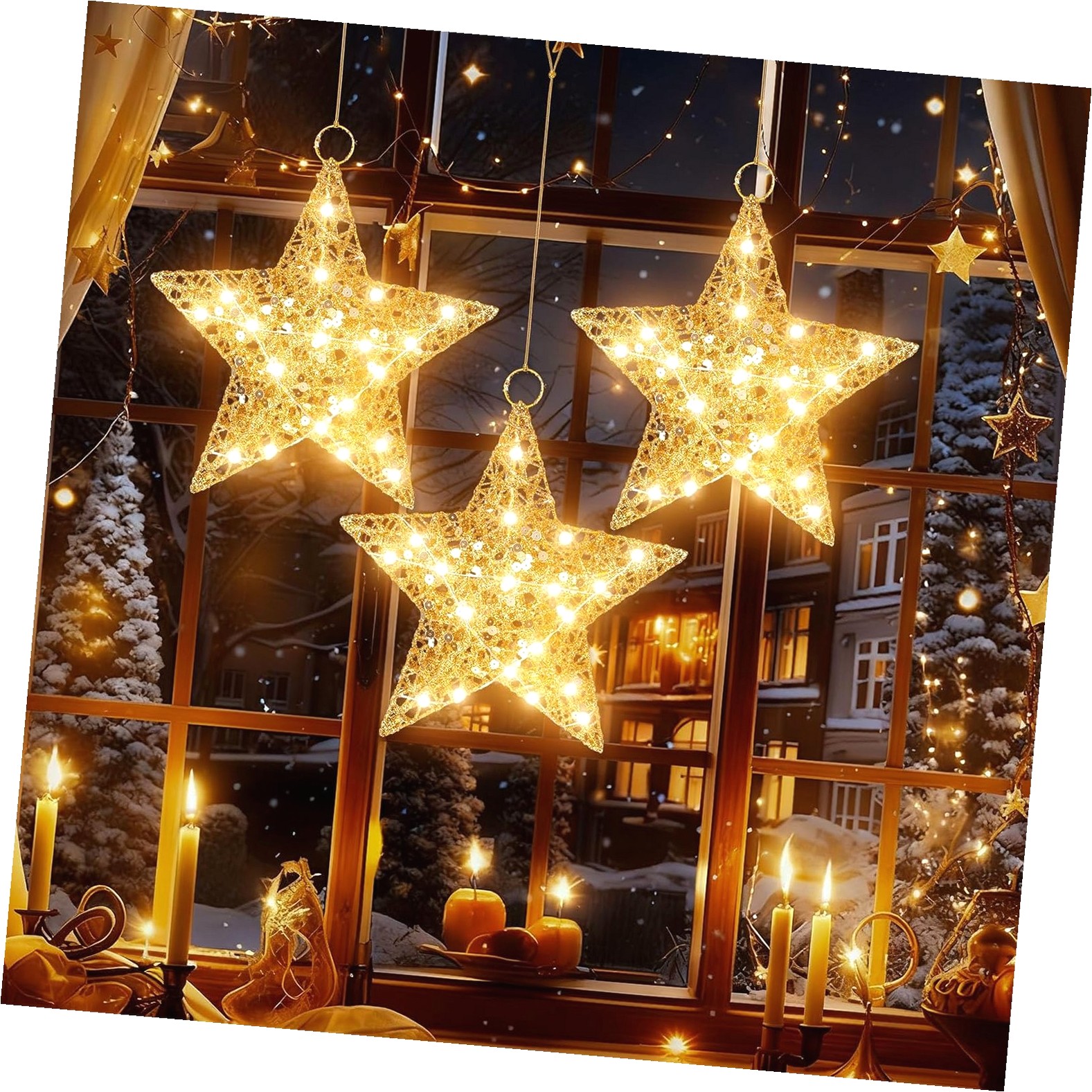 Hyjoy 3 Pcs 7.9 Inch Christmas Glitter Star Hanging Lighted Christmas ...