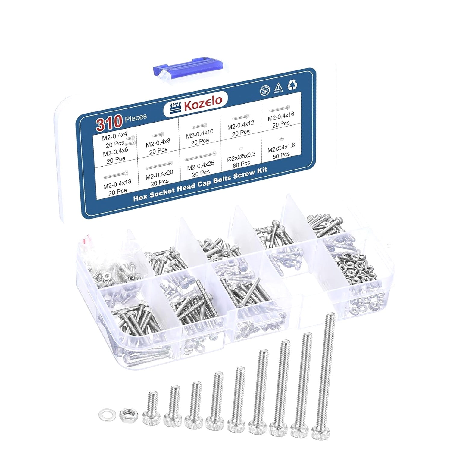 Hyjoy 310 pieces M2 Cap Screws Bolts Nuts Kit - [M2x4/6/8/10/12/16/18/20/25mm] 304 Steel Drive ...