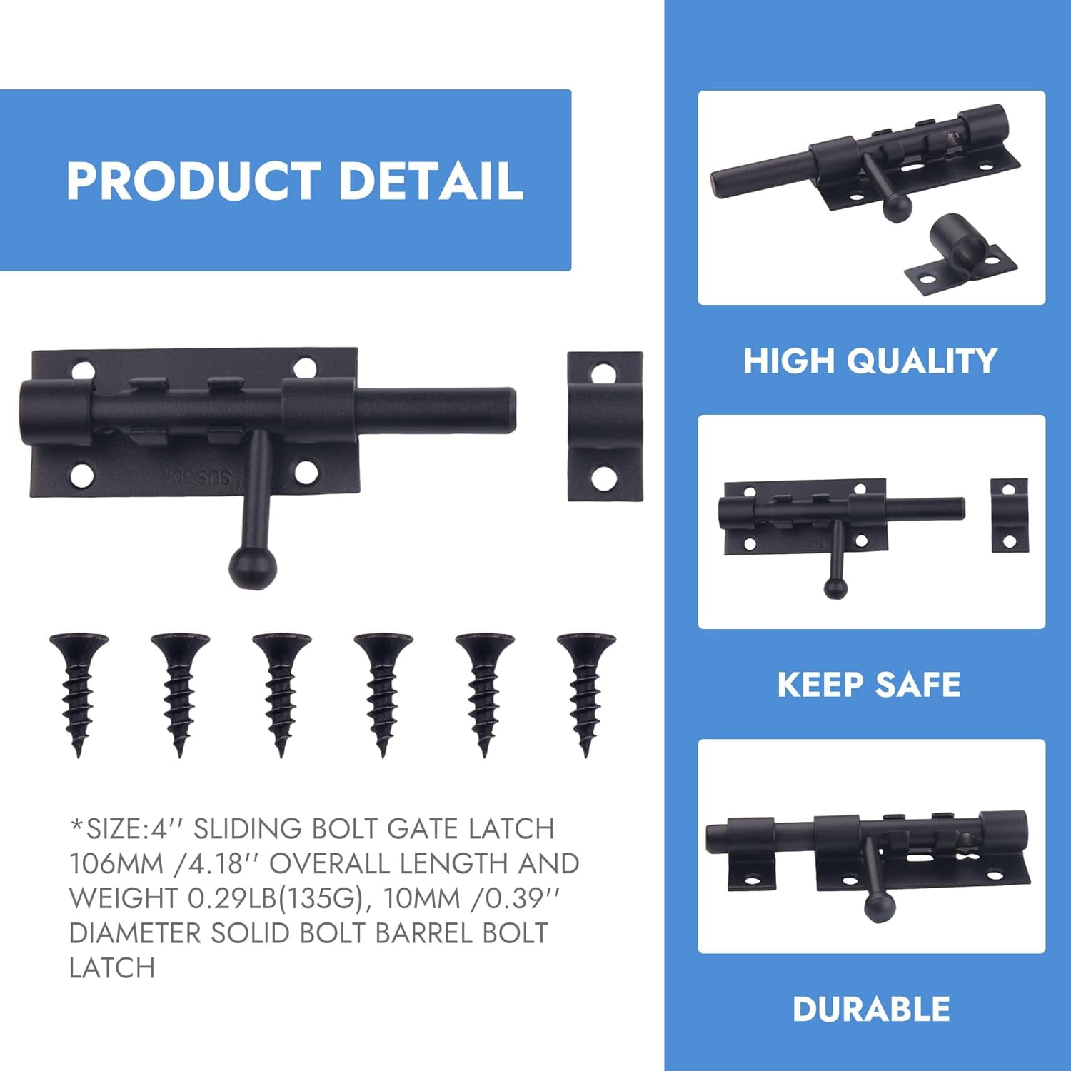 Hyjoy 4 Inch Slide Bolt Gate 304 Steel Gate Latches Matte Sliding Lock ...