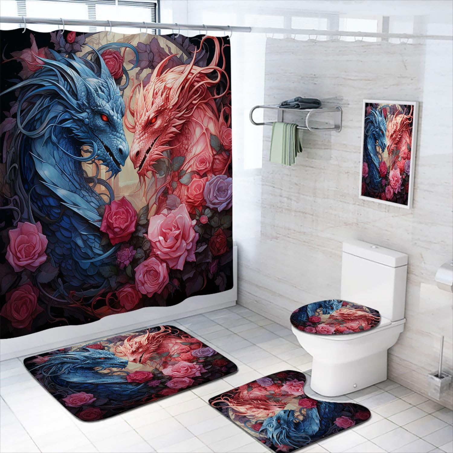 Hyjoy 4 Pcs Bathroom Shower Curtain Set with Rugs, Toilet Lid Cover ...
