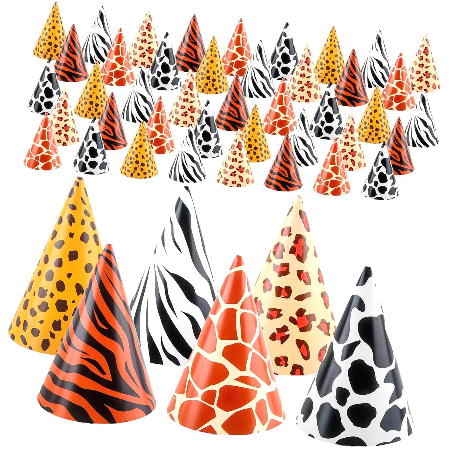 Hyjoy 48 Pcs Party Cone Hats Leopard Print Paper Cone Hats Jungle Theme ...