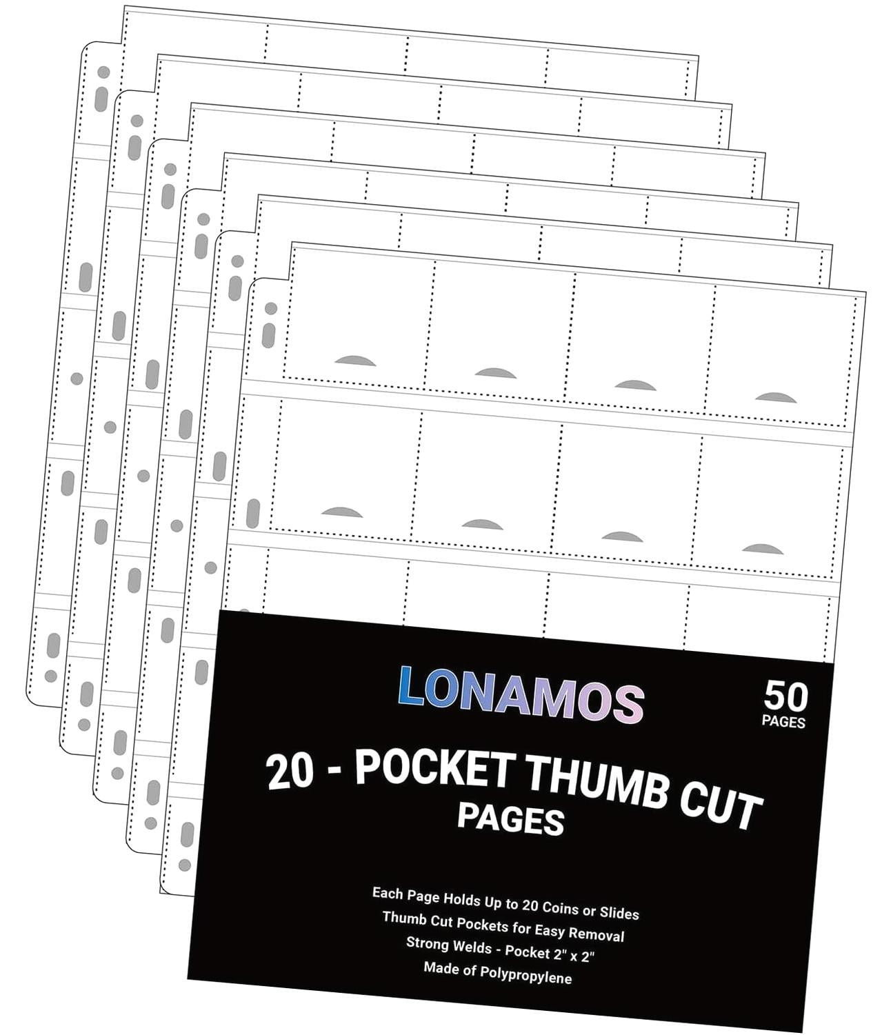 Hyjoy 50-Sheets 20-Pocket Thumb-Cut Coin Pages - Designed for 2 x 2 ...
