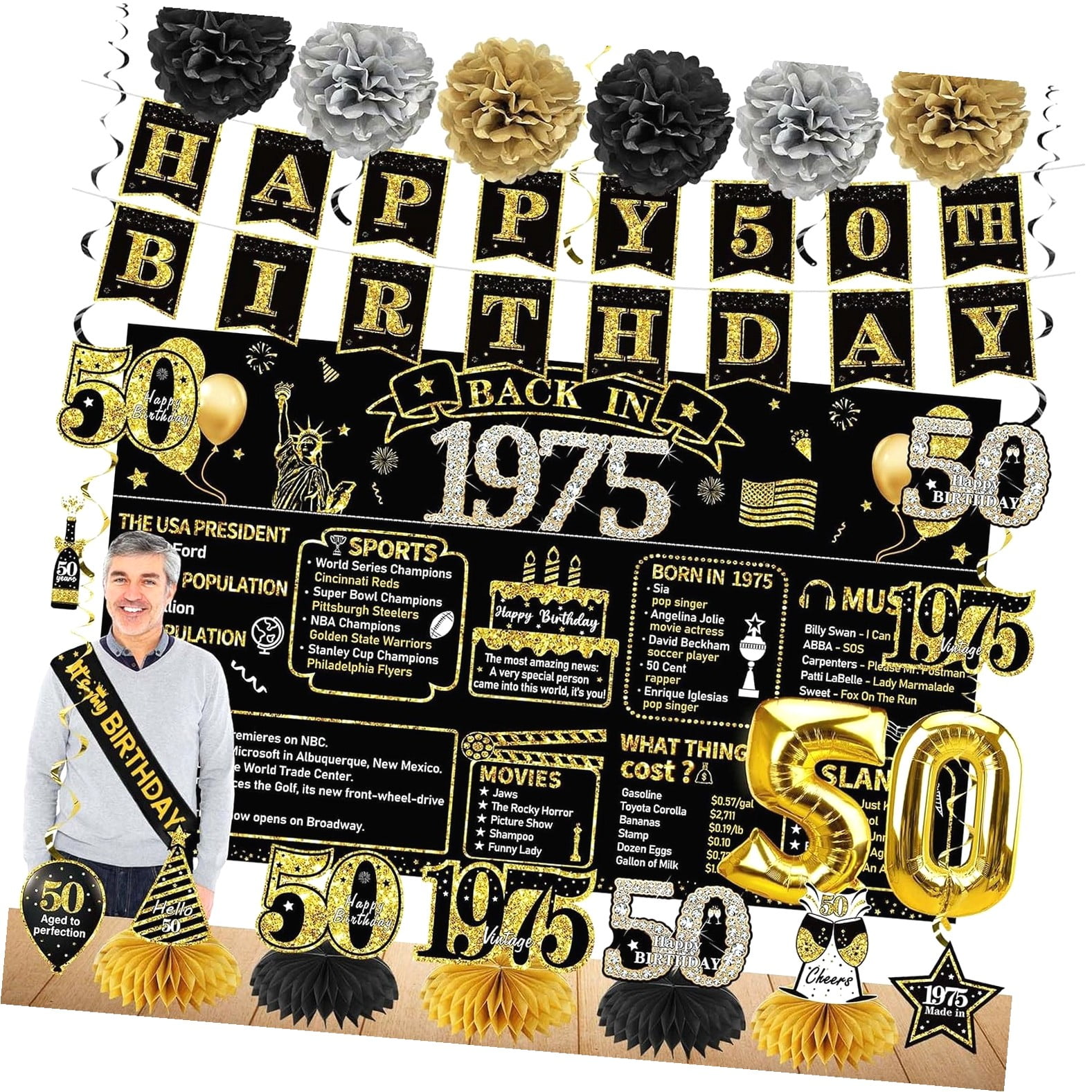 Hyjoy 50th Birthday Party Decorations Set, 21 Pieces 1975 Banner Party ...