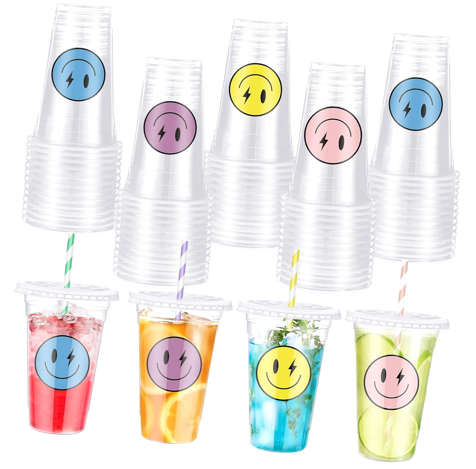 Hyjoy 52 Sets Smile Face Plastic Cups with 16 oz Clear Iced Coffee Cups ...