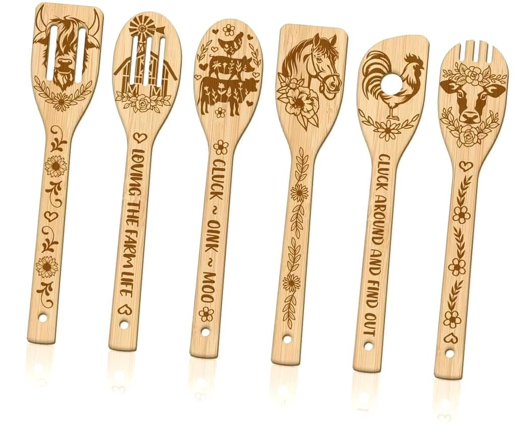 Hyjoy 6-Piece Farm Animal Themed Wooden Kitchen Utensil Set, Engraved ...