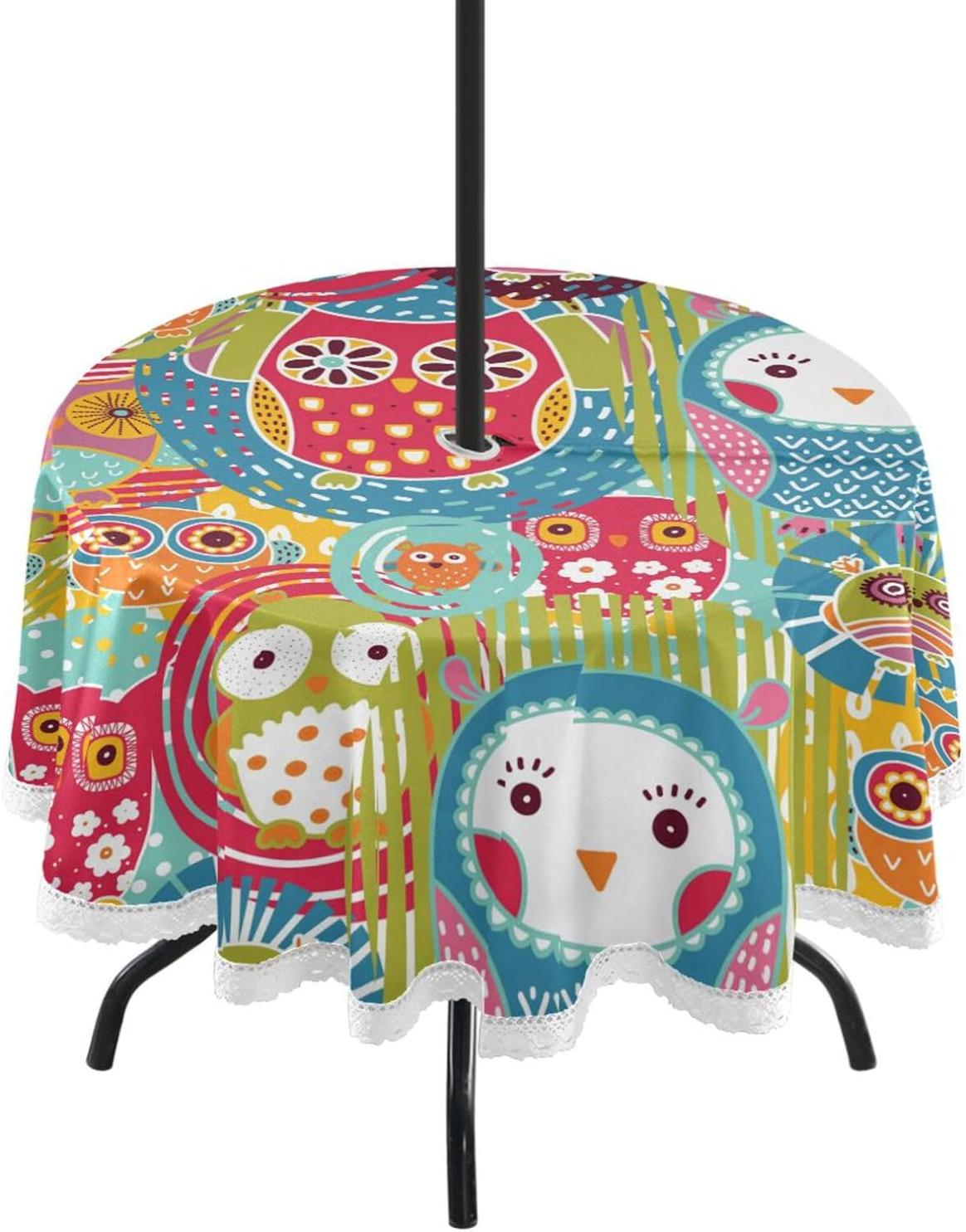 Hyjoy 60" Cute Owls Round Tablecloth Outdoor Table Covers with Umbrella ...