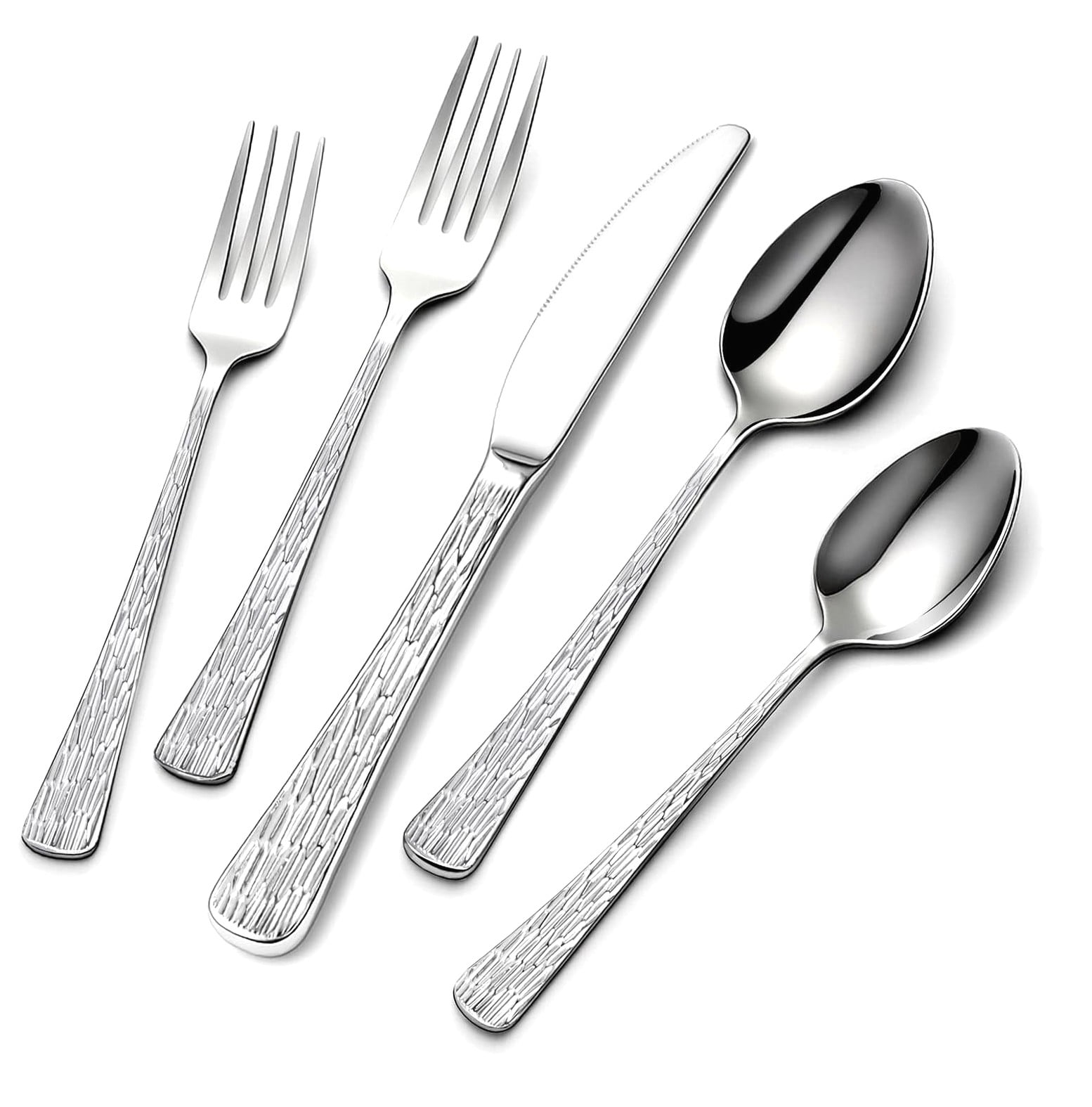 Hyjoy 60-Piece Hammered Silverware for 12, Steel Flatware Set with Tree ...