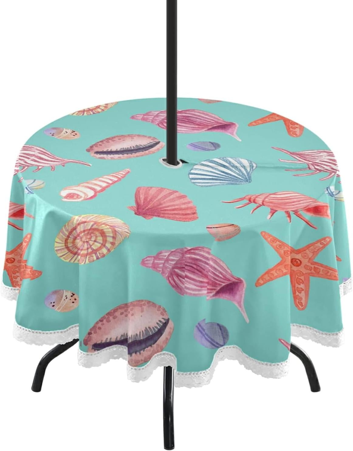 Hyjoy 60" Sea Shells Starfish Round Tablecloth Waterproof Outdoor ...