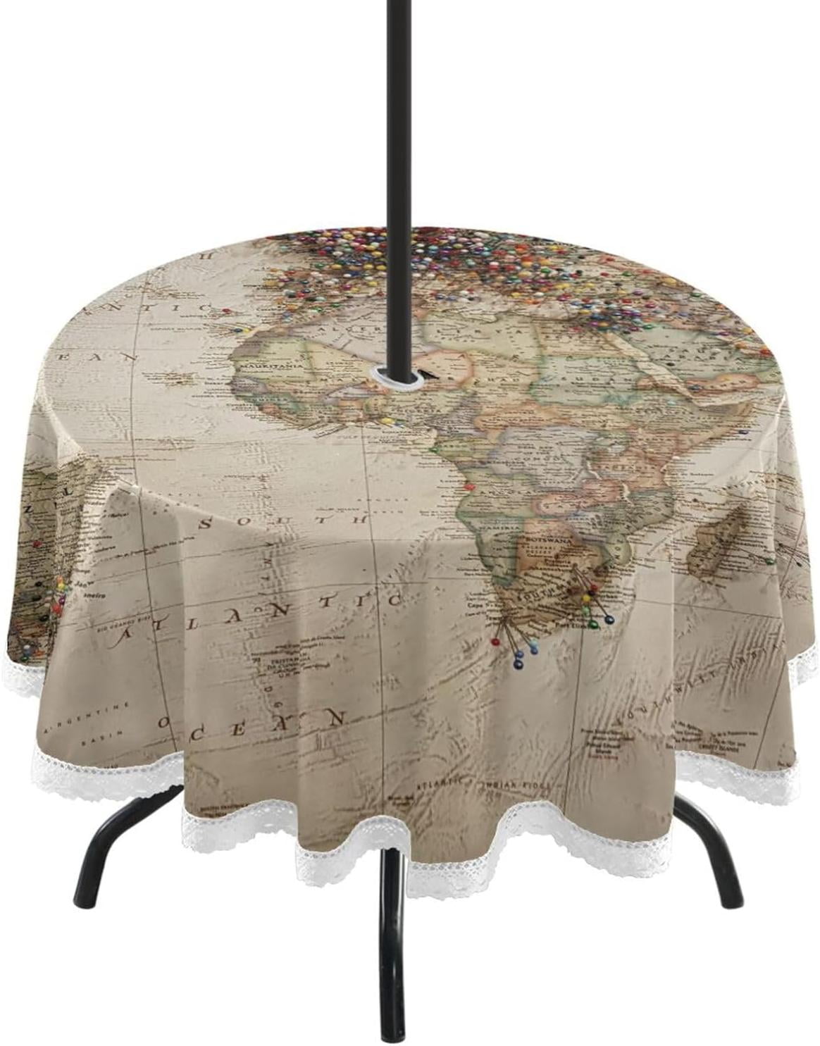 Hyjoy 60" Vintage World Map Round Tablecloth Outdoor Table Covers with ...