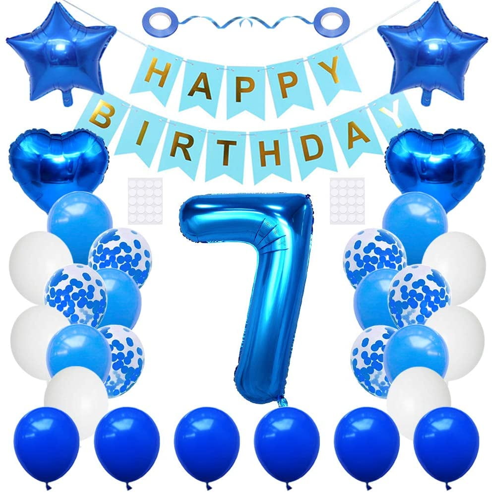 Hyjoy 7th Birthday Party Supplies Blue Number 7 Foil Balloon, Banner ...