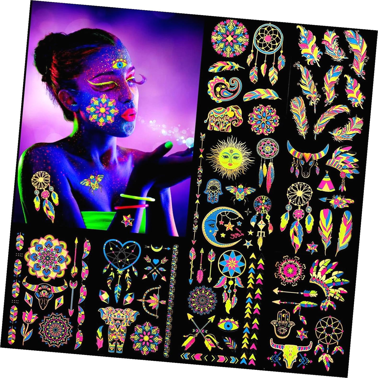 Hyjoy 8 Large Neon Glow in The Dark Metallic Tattoos, Assorted Designs Including UV Neon ...