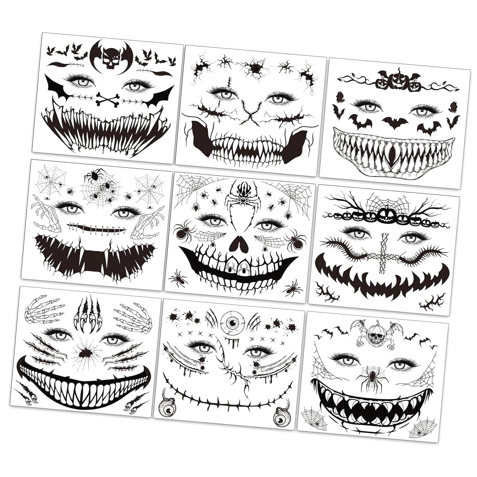 Hyjoy 9 Sheets Frightening Face Tattoos for Adults, Featuring Horror ...