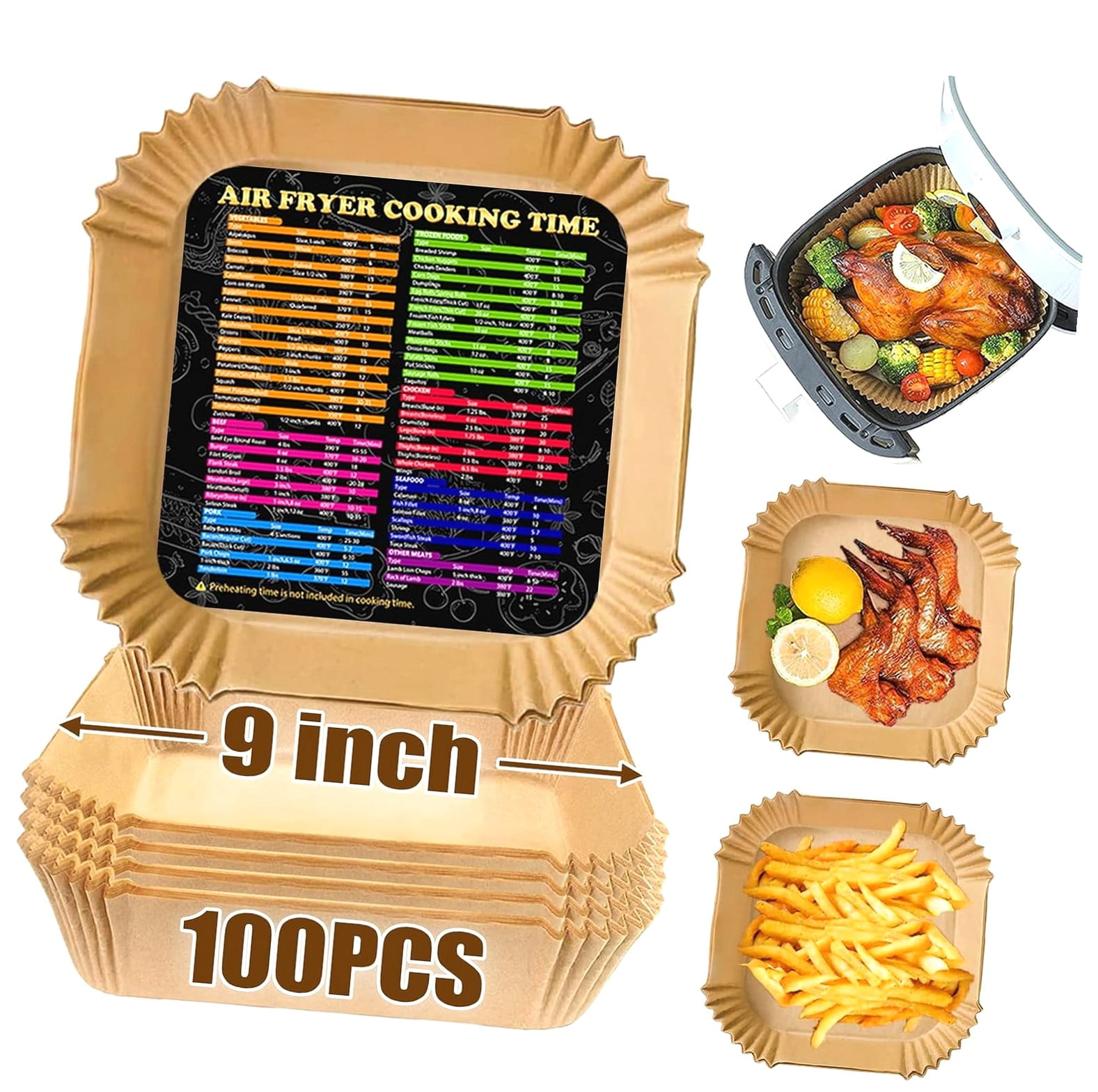 Hyjoy Air Fryer Paper Liners Square, 9 Inch Air Fryer Liner, Non-stick ...