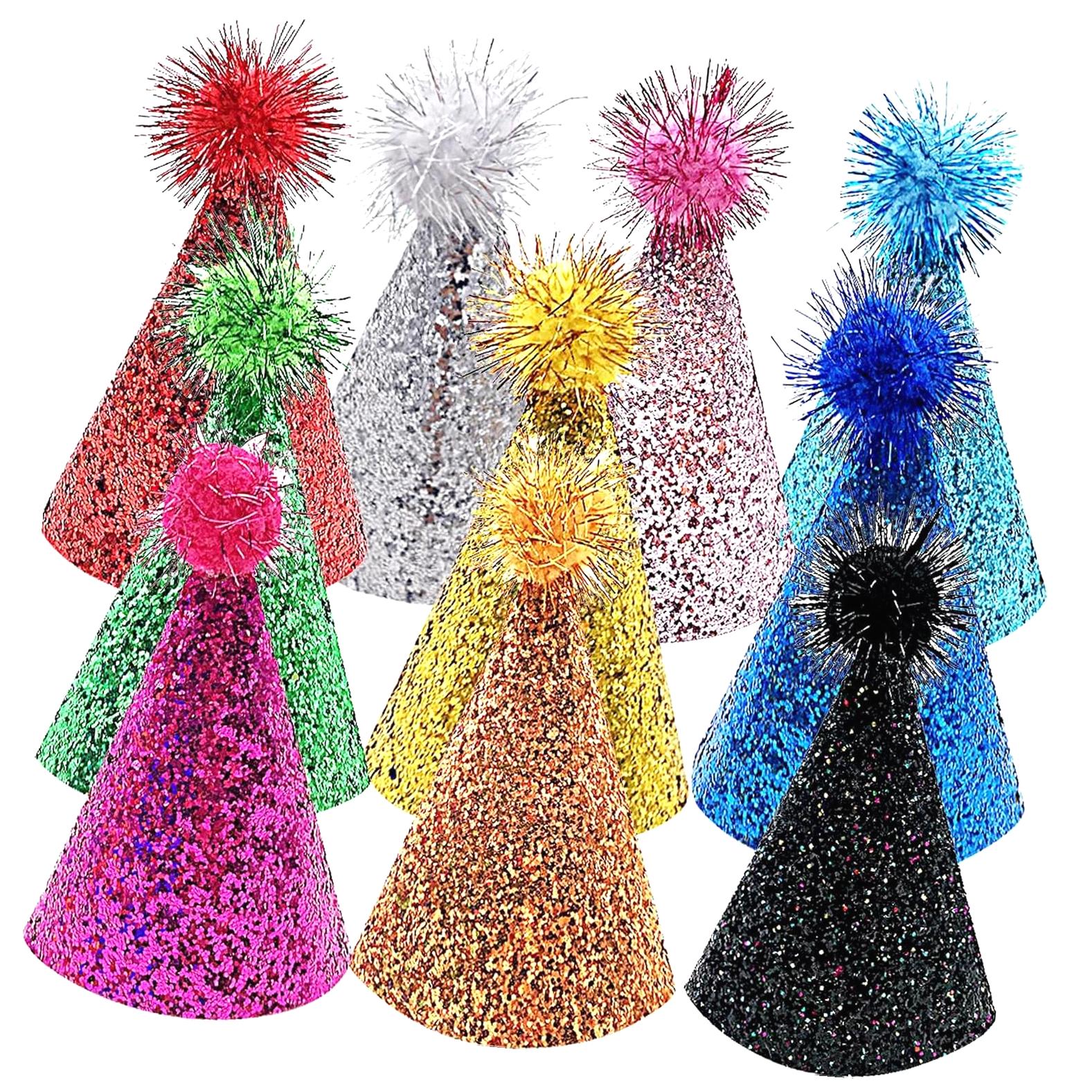 Hyjoy Birthday Party Cone Hats, Sparkly Glitter Paper Hats with Pom ...