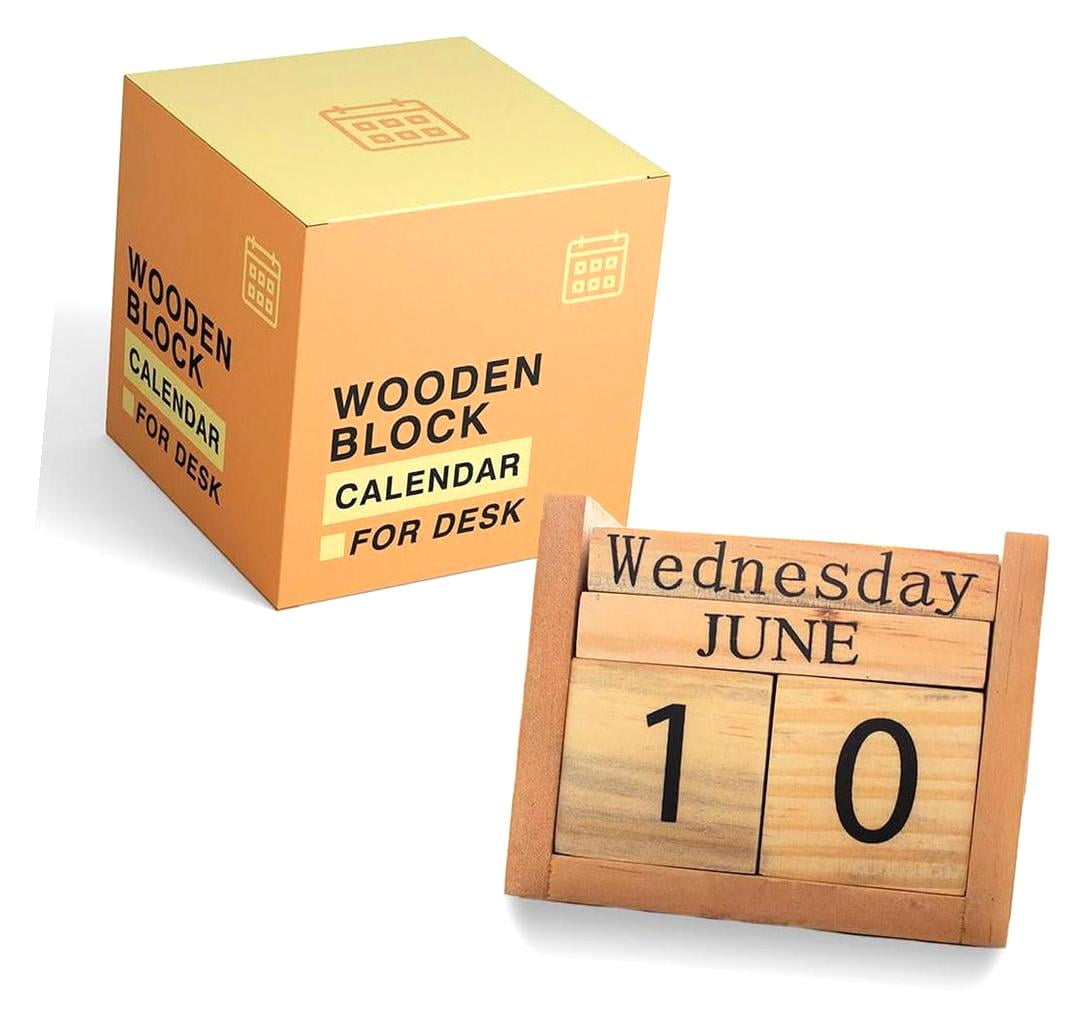 Hyjoy Block Calendar for Desk, Rustic Wooden Decor, Perpetual 2025 ...