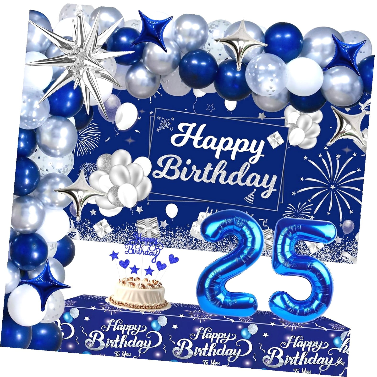 Hyjoy Blue 25th Birthday Decorations for Him Her, 25th Silver and Navy ...