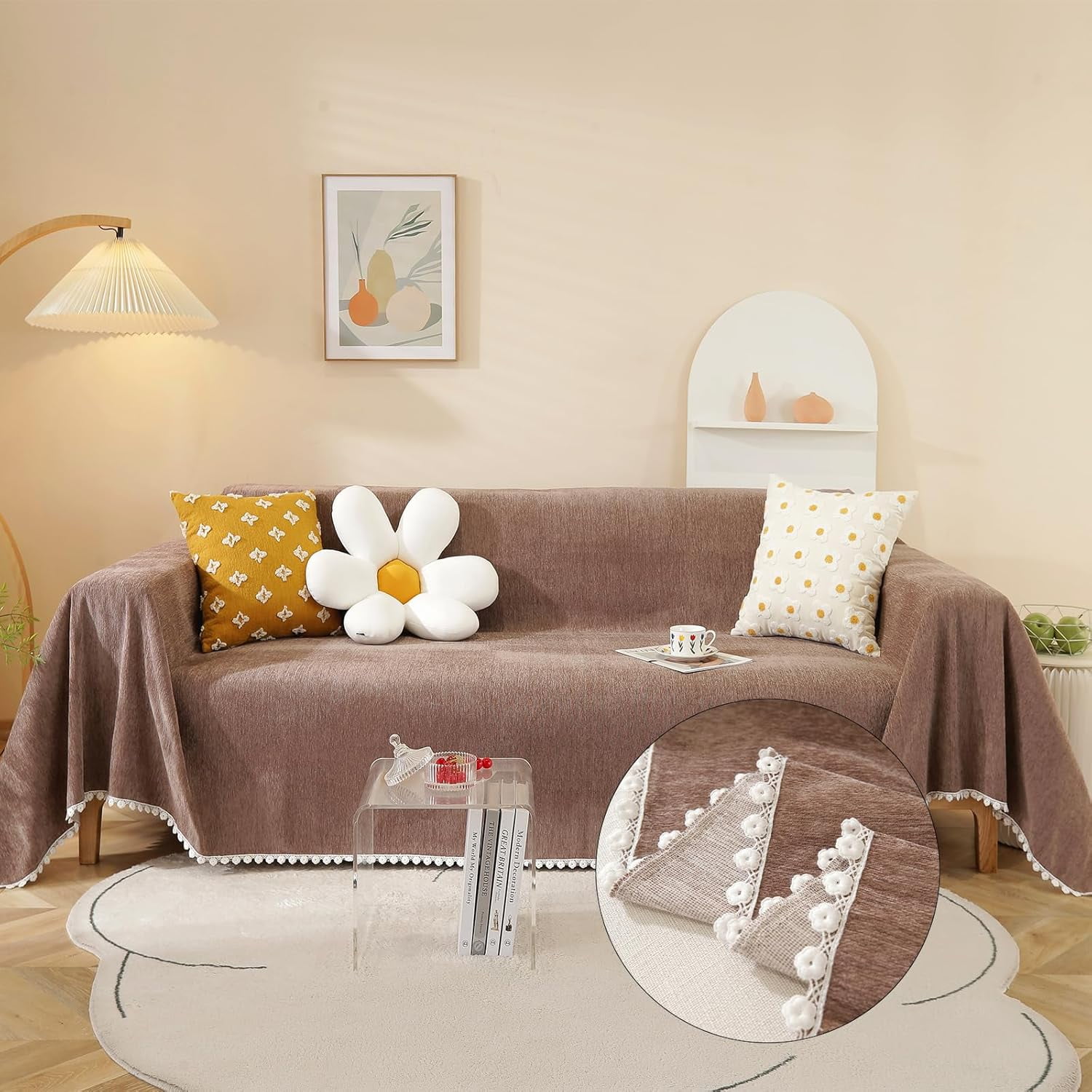 Hyjoy Brown Sofa Covers Couch Cover for White Floral Couch Covers for ...