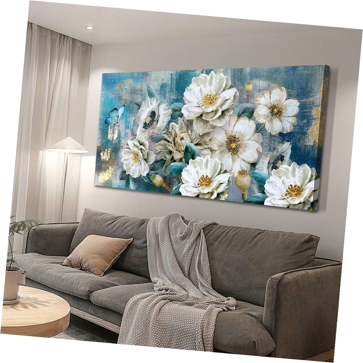 Hyjoy Canvas Wall for Bedroom White Teal Picture, Textured Floral Painting Living Room Wall ...