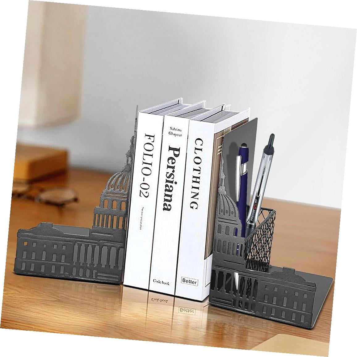 Hyjoy Capitol-Themed Metal Bookends with Storage, Shelf Book Organizers, Heavy Book Supports ...