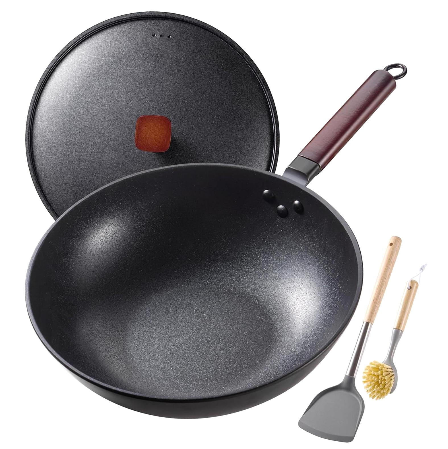 Hyjoy Carbon Steel Wok - 13 Inch Nonstick Wok & Stir-fry Pan with Lid ...