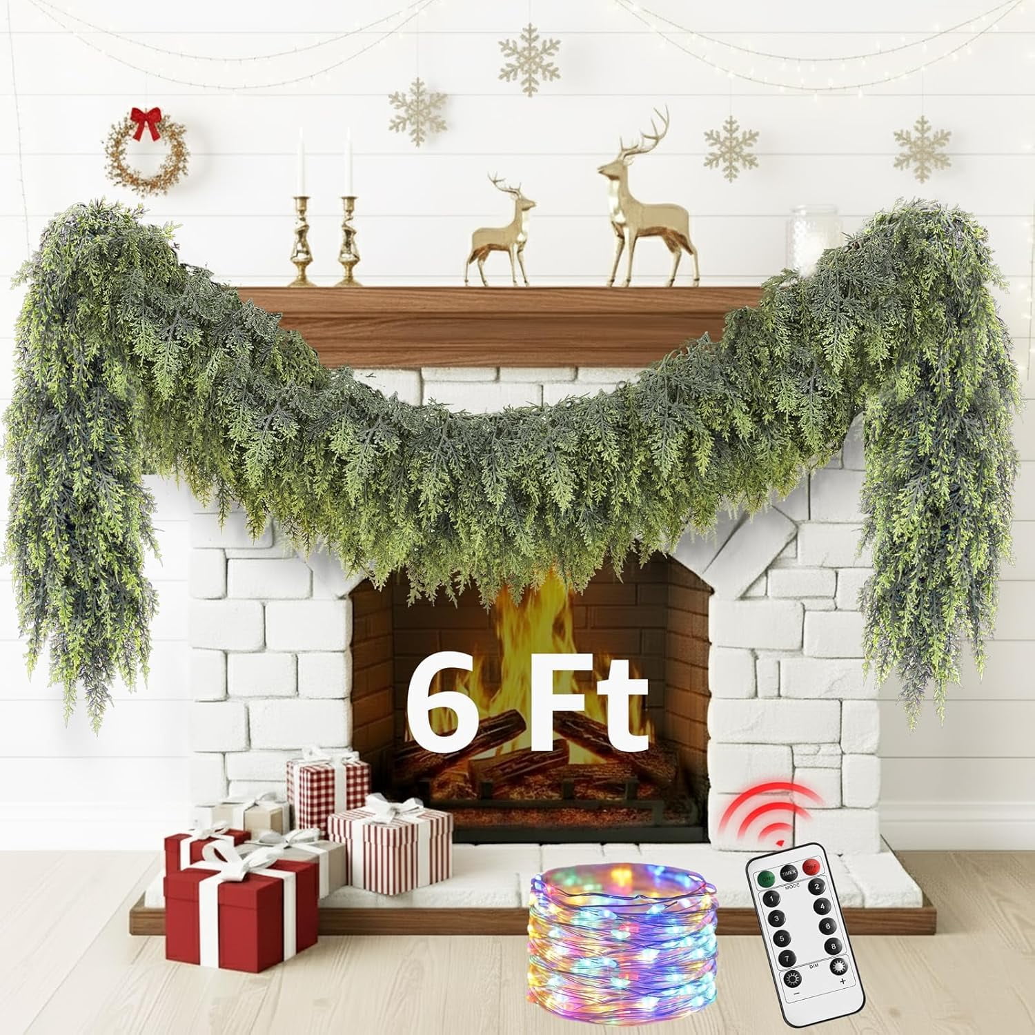 Hyjoy Christmas Garland for Mantle Decorations with Lights 6 ft ...