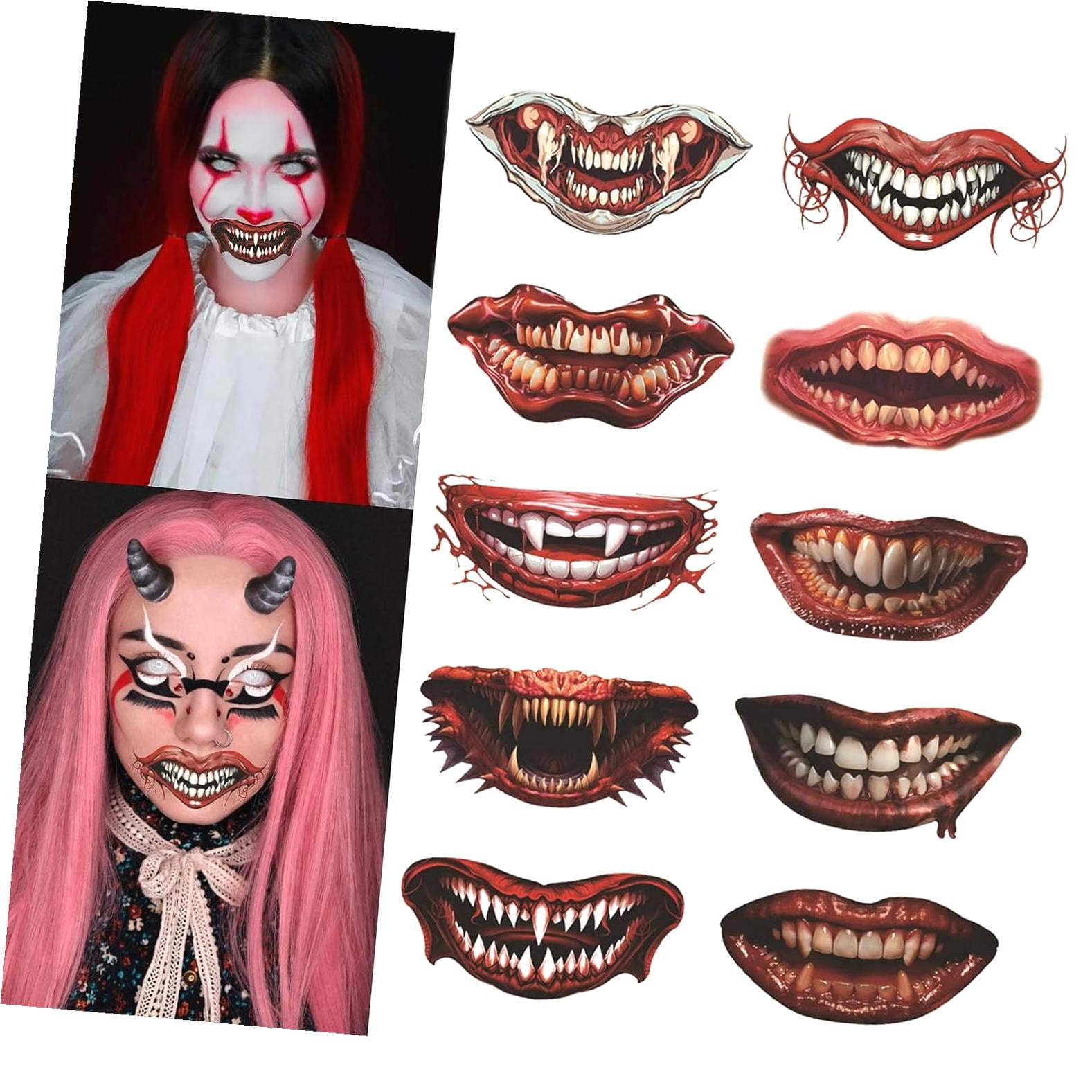 Hyjoy Clown Horror Mouth Tattoo Prank Makeup Kit, 10 Sheets Zombie ...