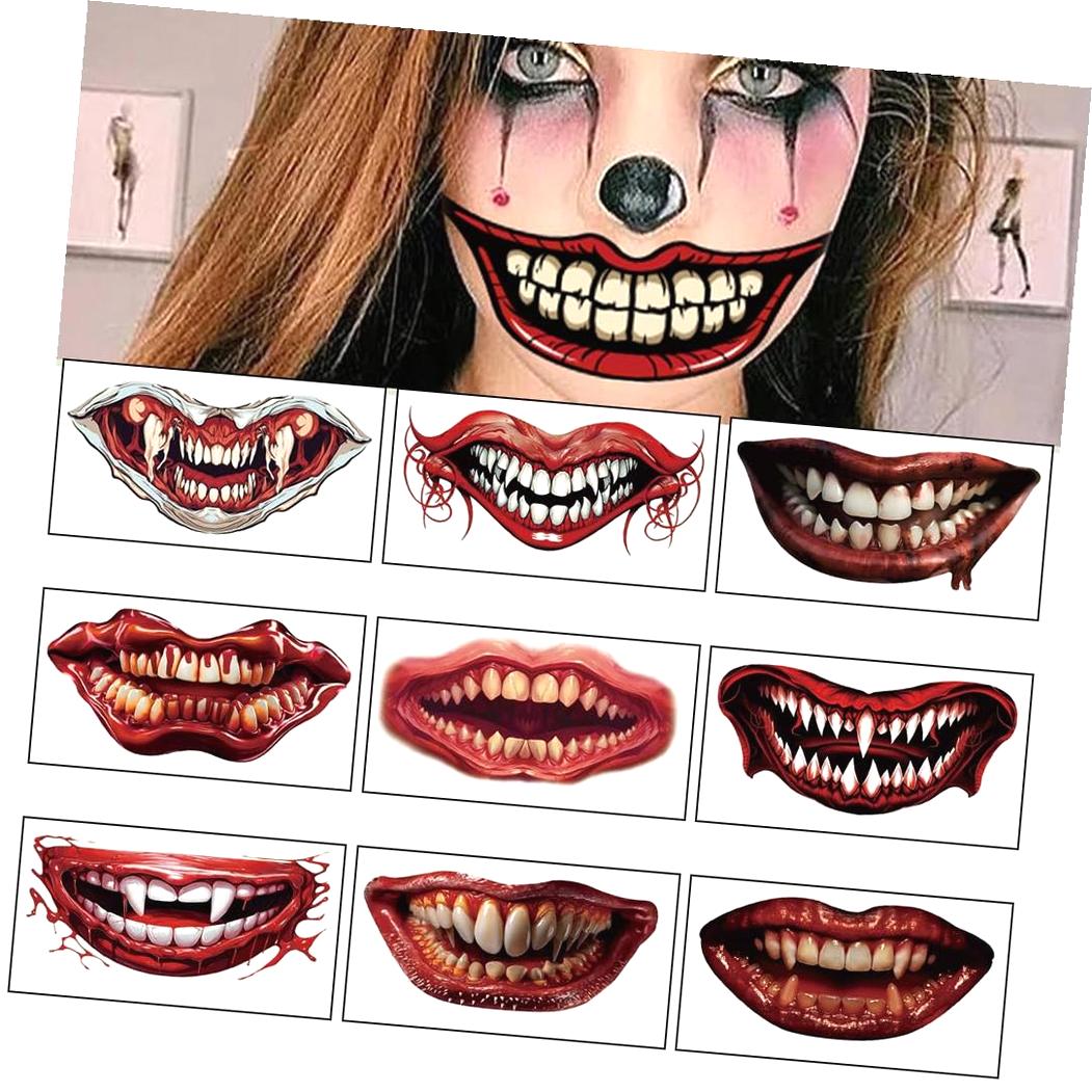 Hyjoy Clown Horror Mouth Tattoo Stickers, Face Fake Tattoos, Removable ...