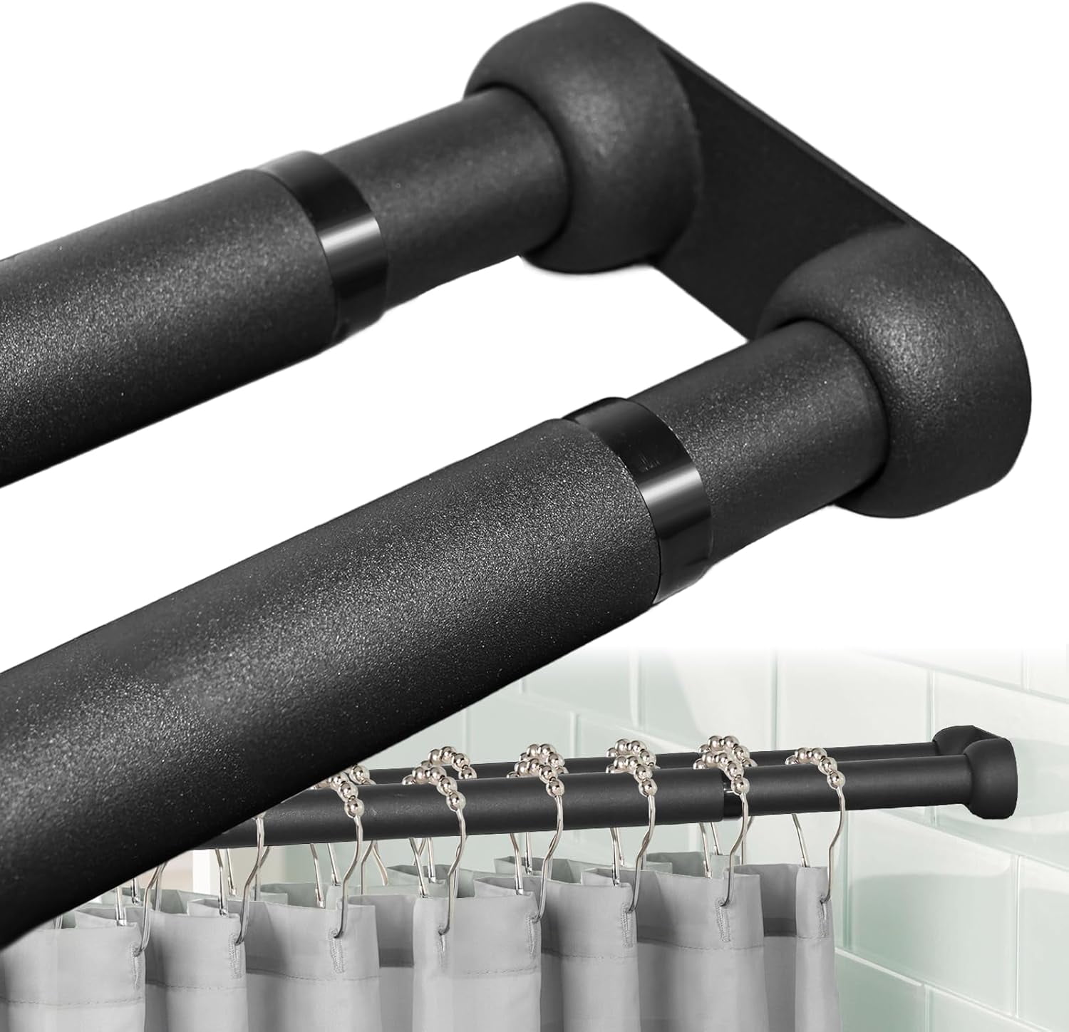 Hyjoy Double Shower Curtain Rod 27-47 Inches Wall Mounted Dual Shower ...