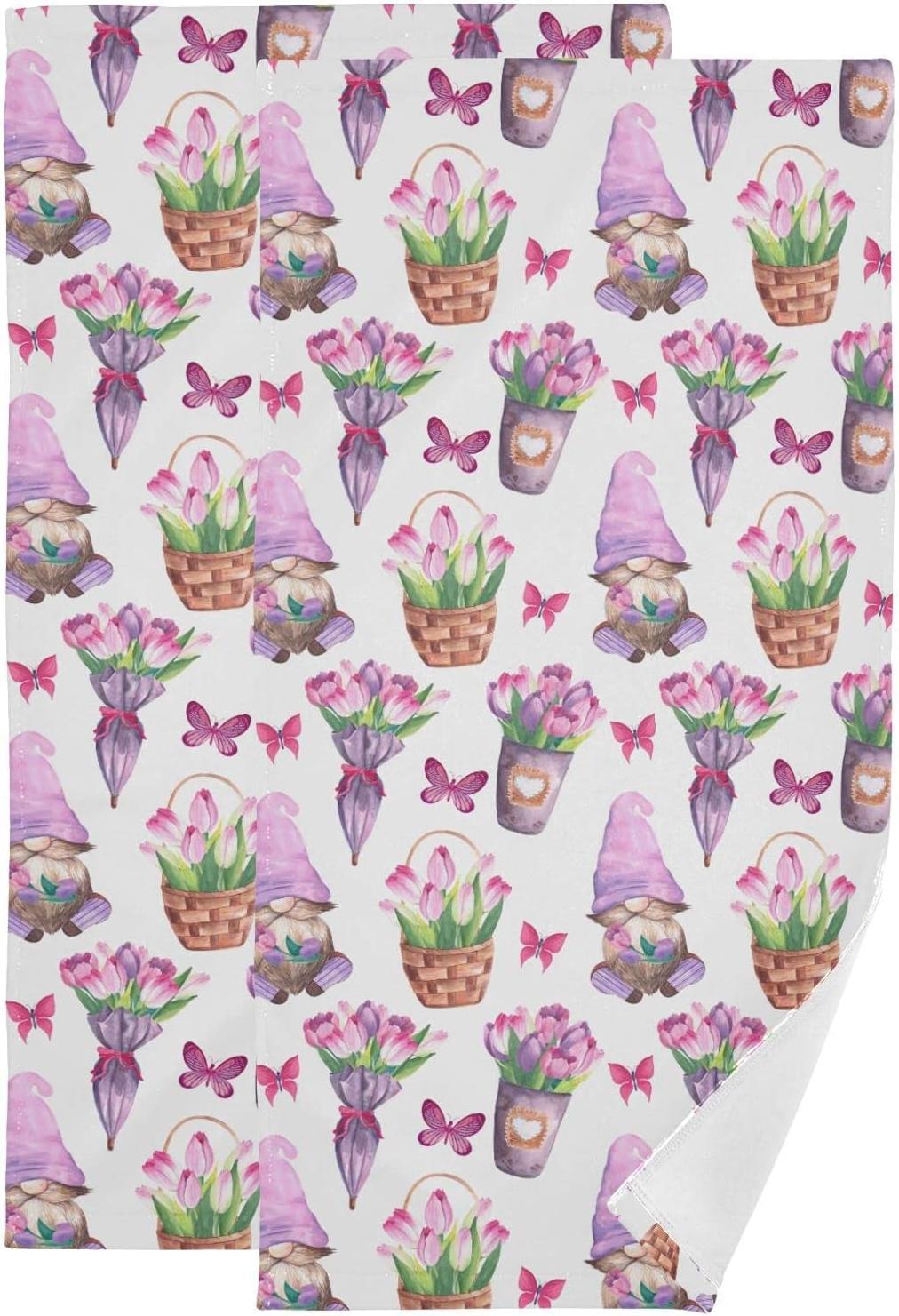 Hyjoy Easter Purple Gnomes Hand Towels 2 Pack, Watercolor Garden Flowers Kitchen Towel Ultra ...