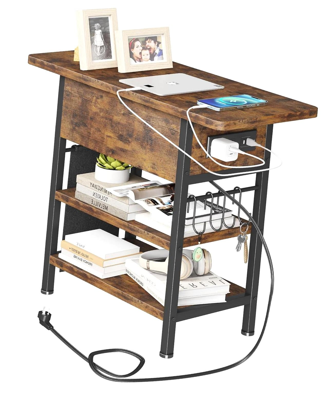 Hyjoy End Table with Charging Hub, Flip-Top Nightstand Featuring USB ...