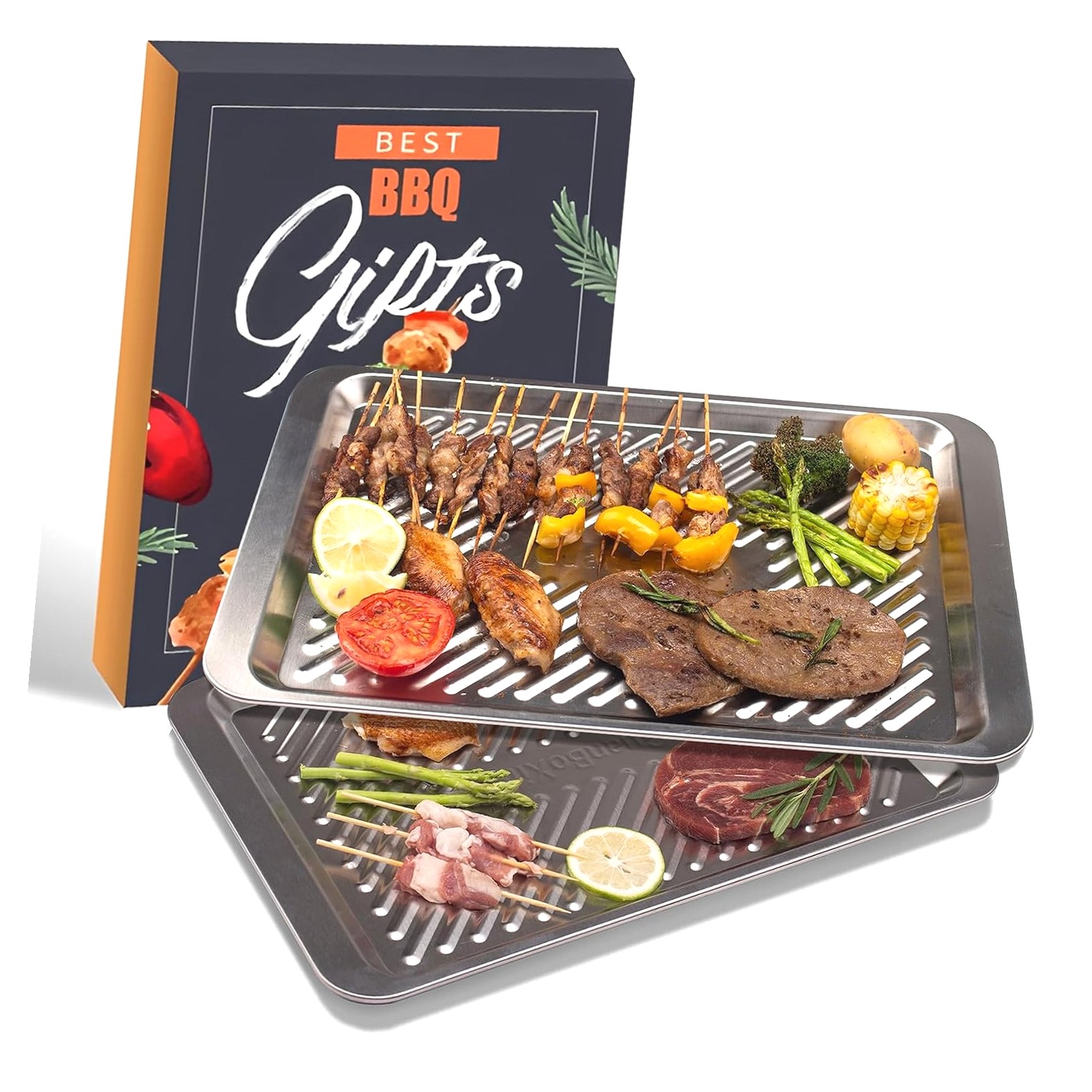 Hyjoy Grilling Prep and Serve Trays Set of 2 Stackable Steel BBQ Trays ...