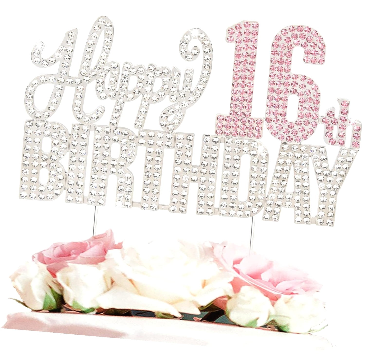 Hyjoy Happy 16th Birthday Silver Rhinestone Cake Topper Cheers to 16 ...