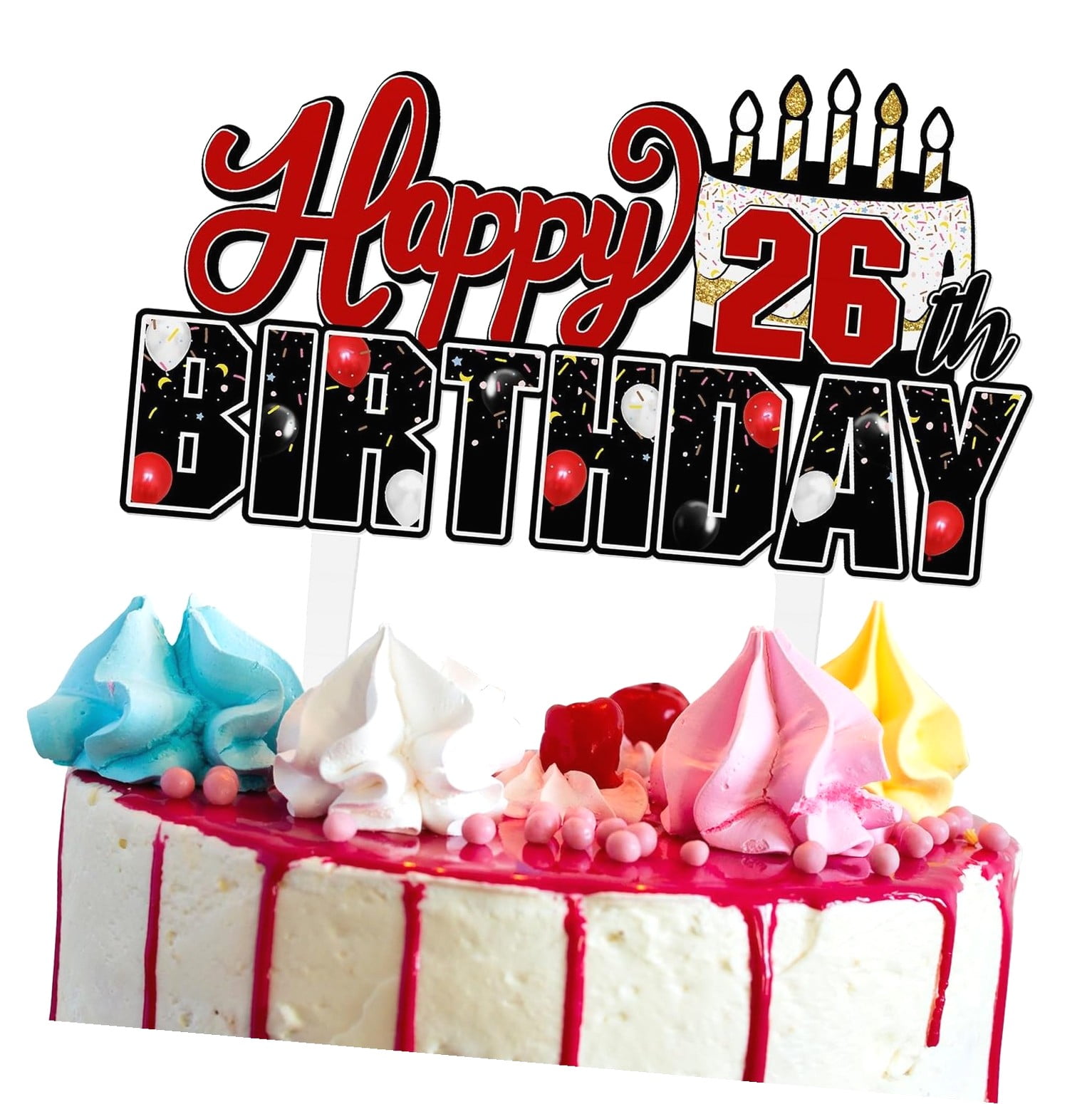 Hyjoy Happy 26th Birthday Red Acrylic Cake Topper, Red Theme Birthday ...