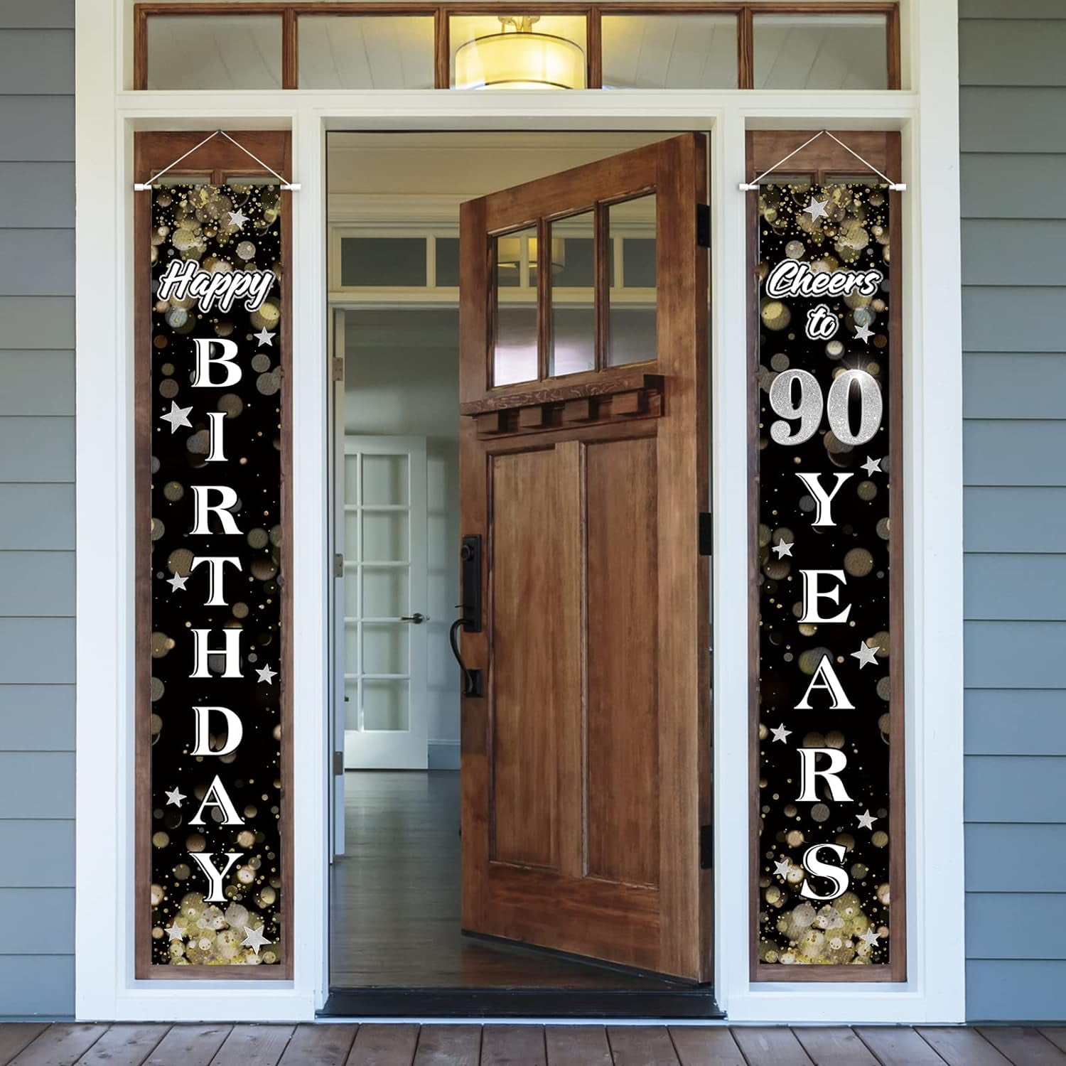 Hyjoy Happy 90th Birthday Silver Star Door Sign Banner Cheers to Ninety ...