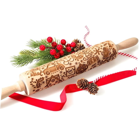 Hyjoy Inch Wood Rolling Pin for Baking with Gingerbread Embossed | 3mm ...