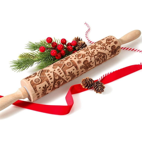 Hyjoy Inch Wood Rolling Pin for Baking with Gingerbread Embossed | 3mm ...