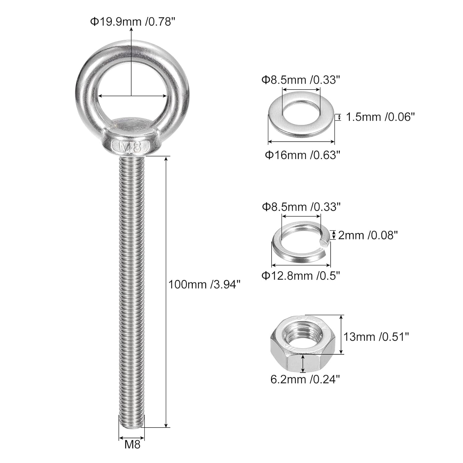 Hyjoy Lifting Eye Bolt, M10x150mm with Nut and Washer, 304 Steel ...