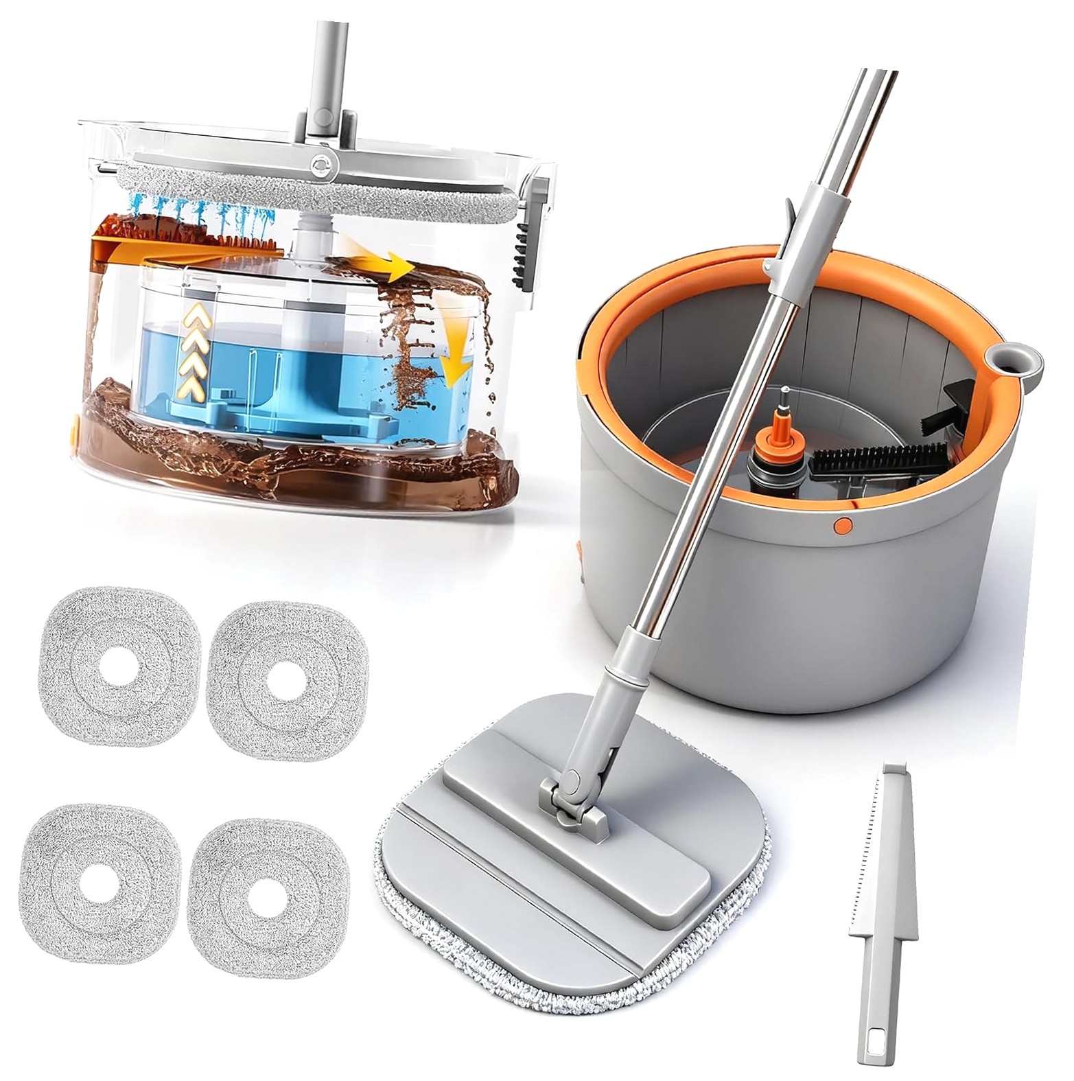 Hyjoy Mop and Bucket Set, Spin Mop with Dirty Water Self with 4 Mop ...