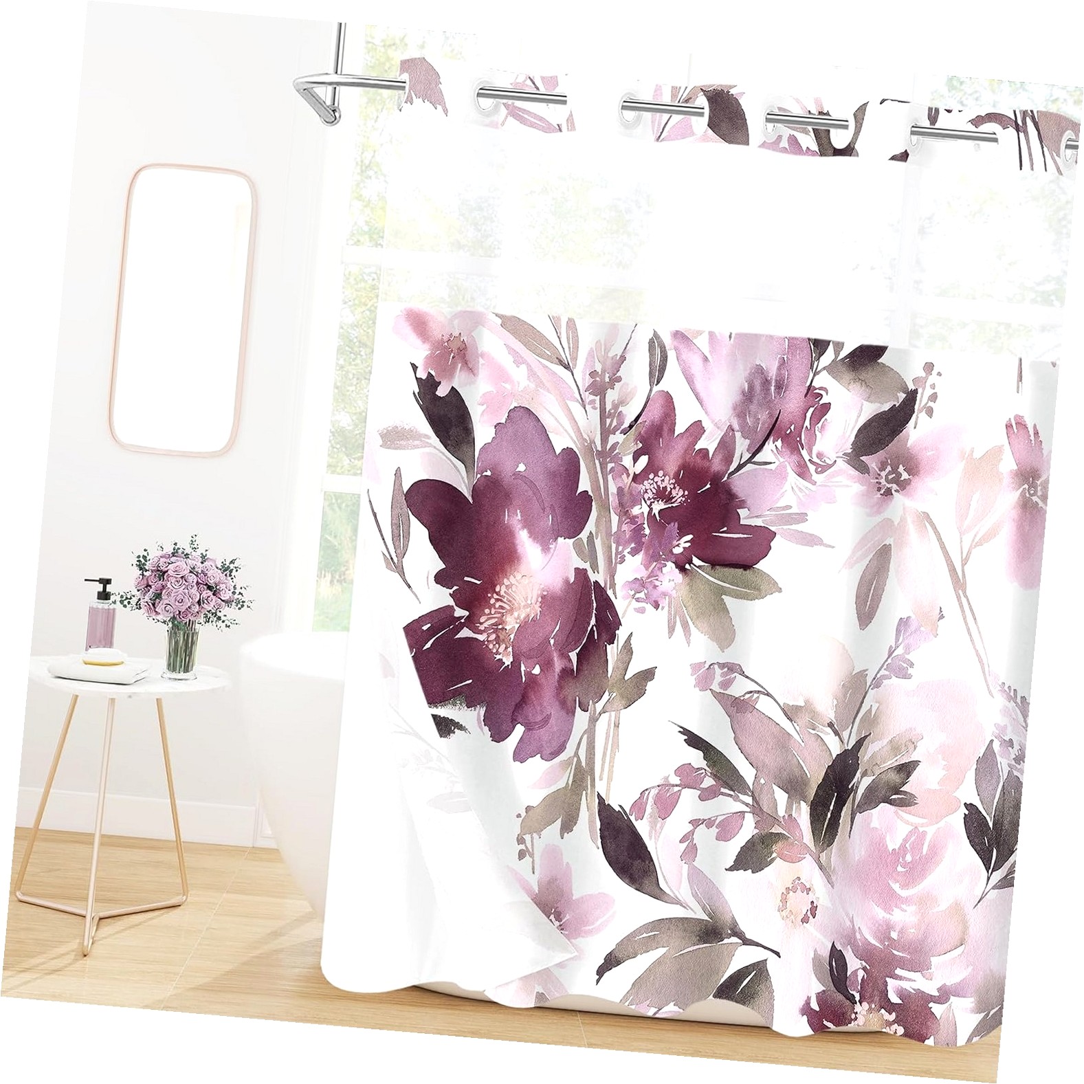 Hyjoy No Mauve Watercolor Floral Shower Curtain and Liner Set, Shower ...