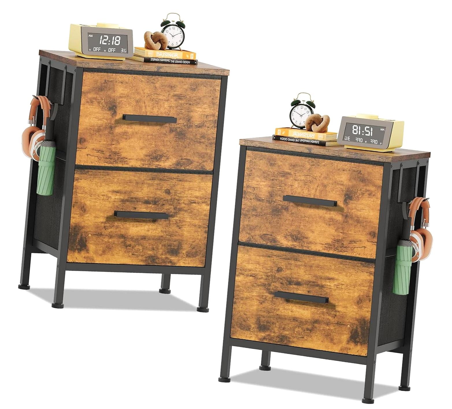 Hyjoy Pair of 2-Drawer Nightstand Dressers, Vertical Side Tables with Fabric Drawers and Dual ...