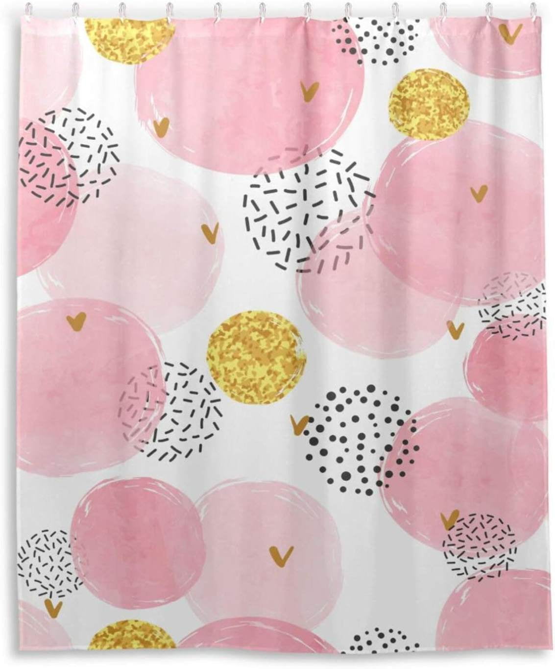 Hyjoy Pink Polka Dots Bathroom Waterproof Shower Curtain Set Bathtub