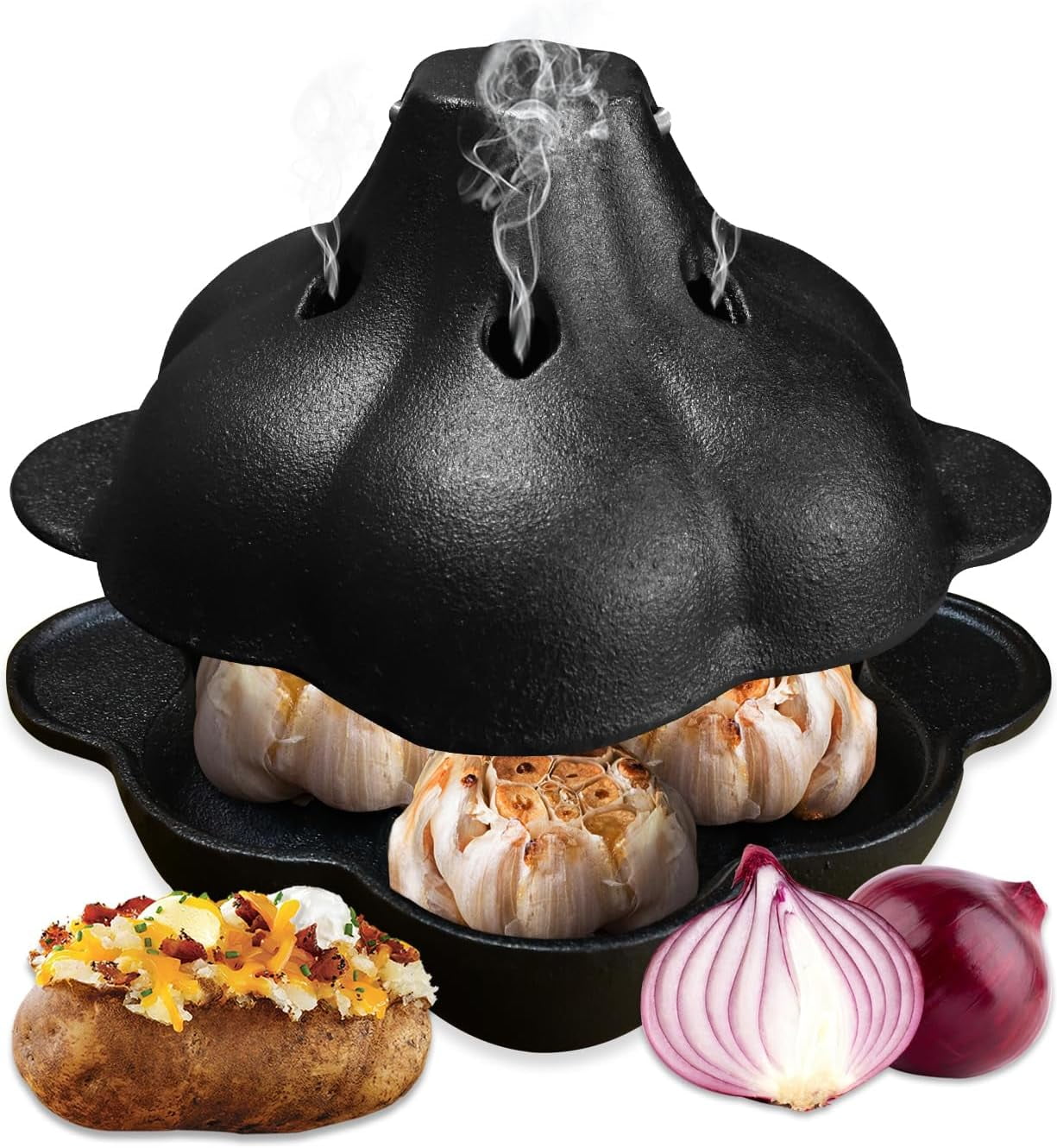 Hyjoy Pre-Seasoned Cast Iron Dutch Oven Pot, Potato Garlic Roaster Baker, Roasted Garlic ...