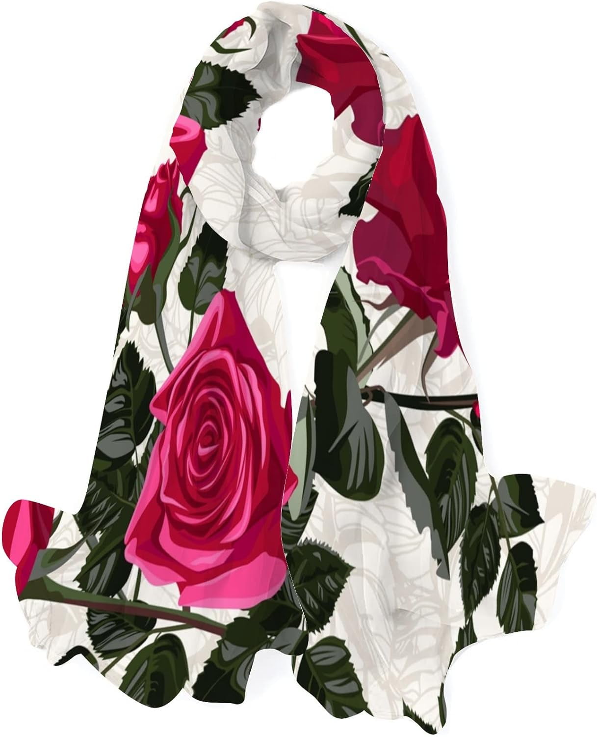 Hyjoy Red Flowers Roses And Leaves Long Silk Neck Scarf Lightweight ...