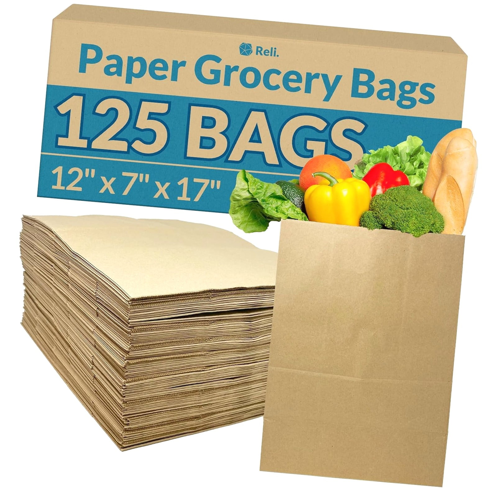 Hyjoy Reliable Paper Grocery Bags (125 Pieces Bulk) (12x7x17 inches) 70 ...