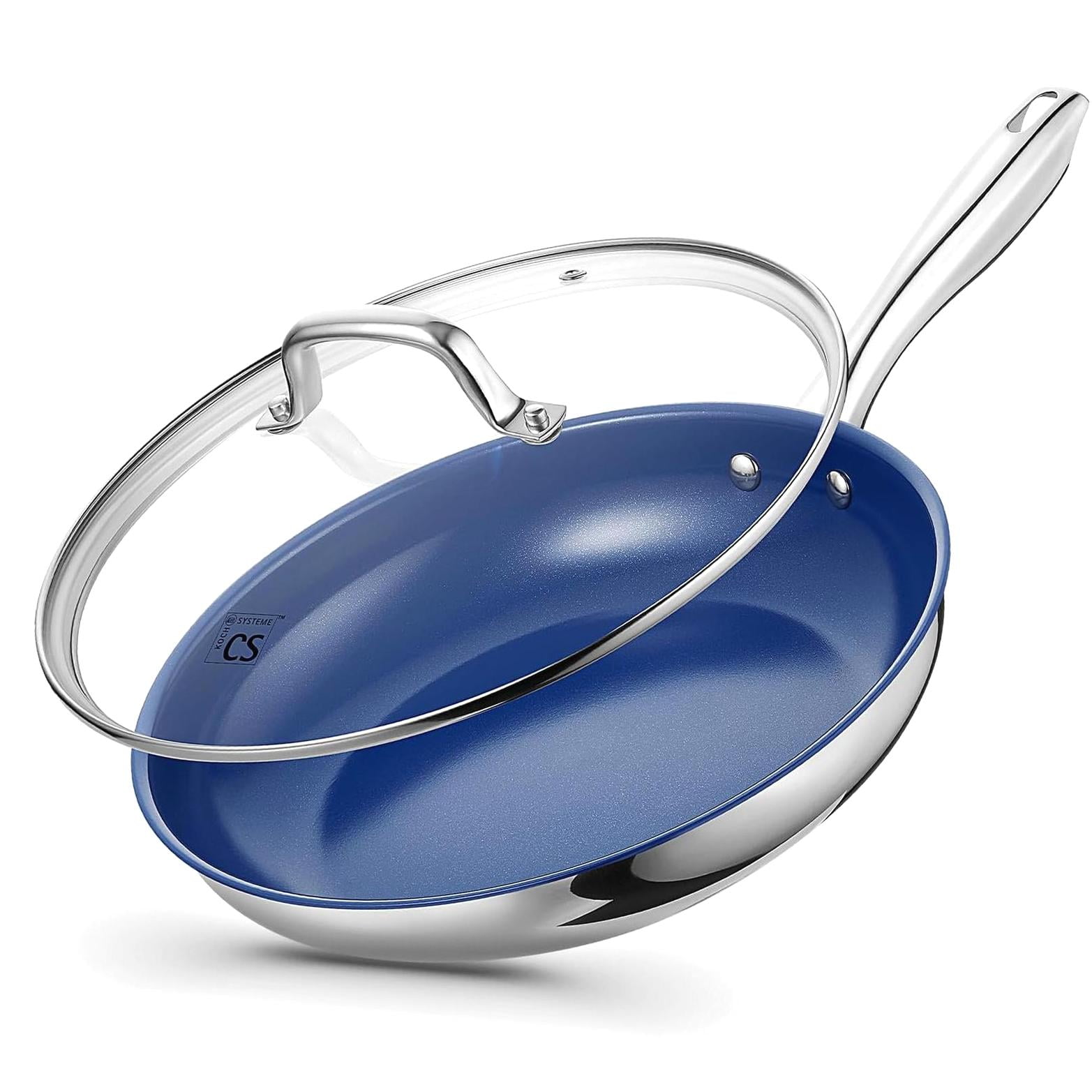 Hyjoy Steel Frying Pan with Lid, Nonstick 10 Inch Steel Pan with Blue ...