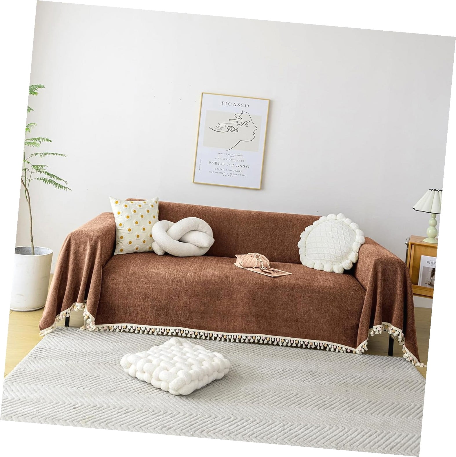 Hyjoy Style Sofa Cover with Tassels, Washable Couch Cover for 3-Seat Sofa, Herringbone Pattern ...