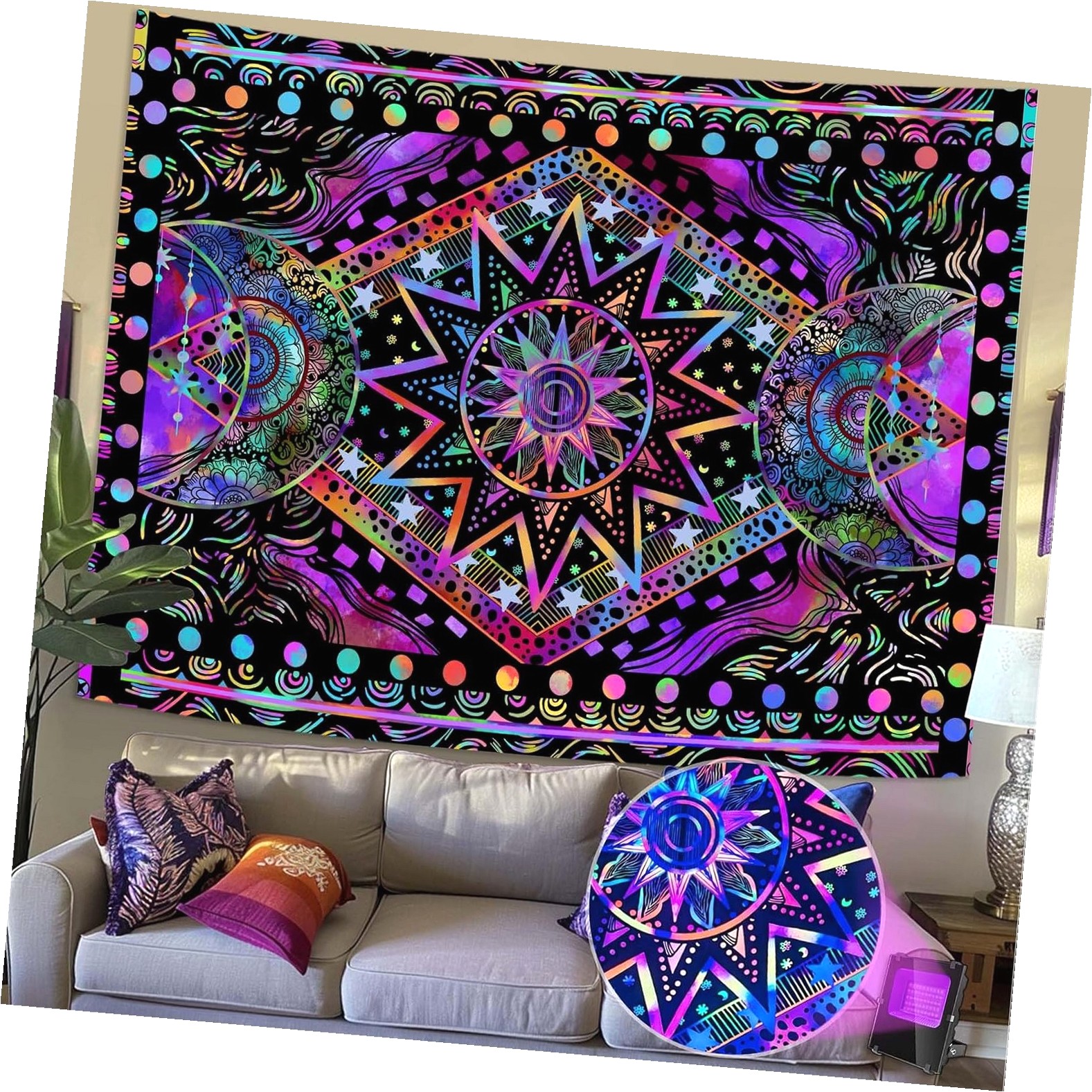 Hyjoy Sun and Moon Tapestry Neon Hippie Tapestries for Bedroom ...